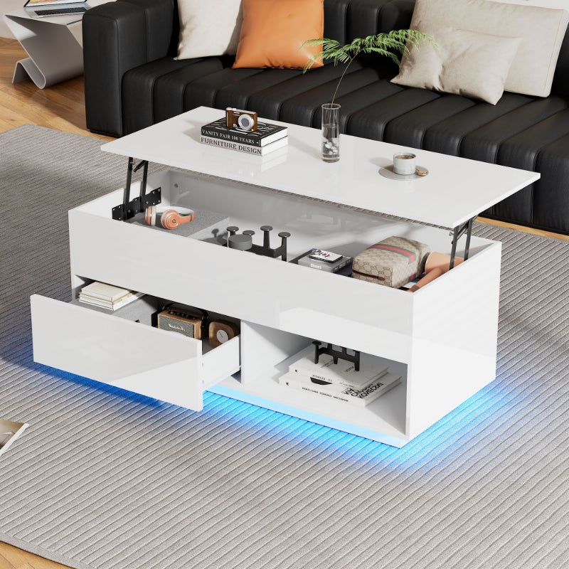 Table Basse Lift-Top 100x50x55 cm Haute Brillance avec LED, Tiroir et ...