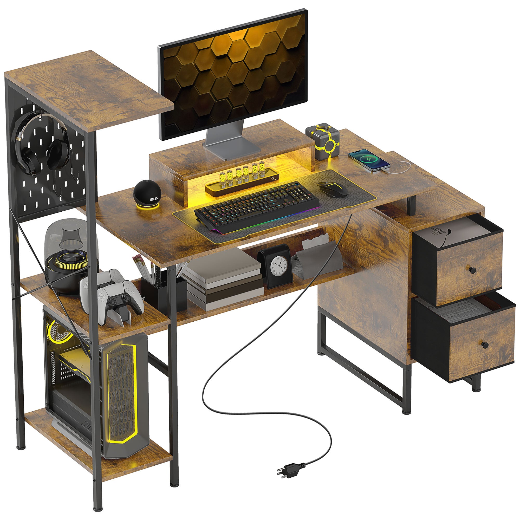 Escritorio HOMCOM Metal, Melamina de Madera Marrón Rústico 142x50x126.5 ...