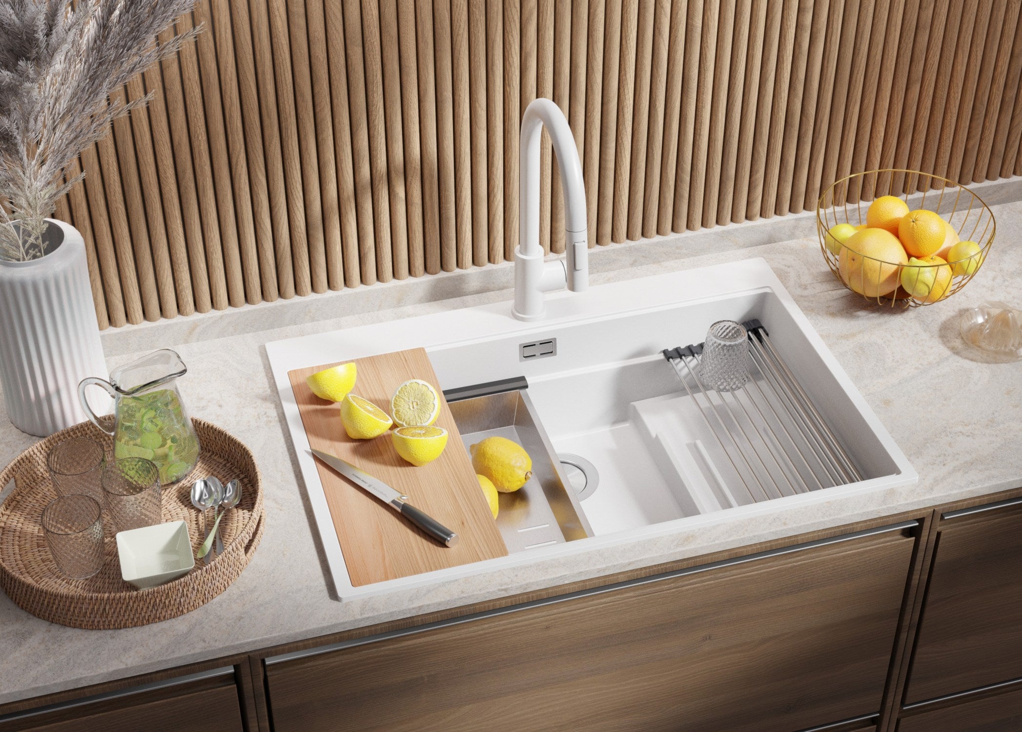 Fregadero Cocina Blanco 78x53cm, Granito 1 Seno + Sifón + Accesorios ...