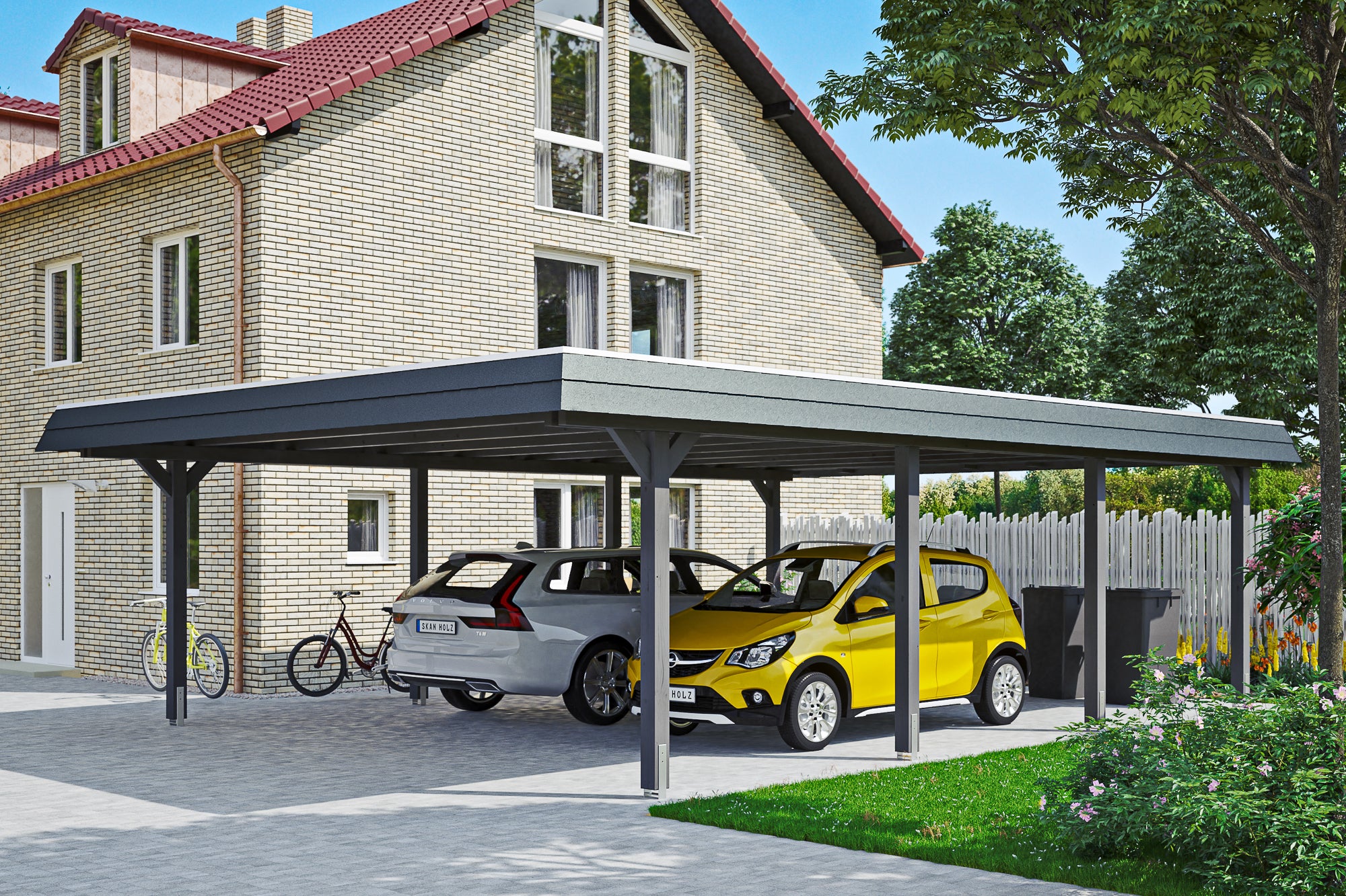 Carport bois SKAN HOLZ Wendland 630x879cm, toit en aluminium, bandeau noir, bois lamellé-collé ...