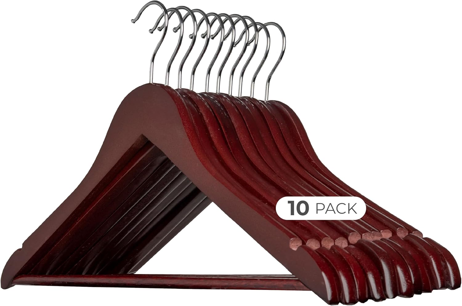 Pack de 10 Perchas de Madera Maciza color caoba con Gancho Giratorio 360° y Muescas ...