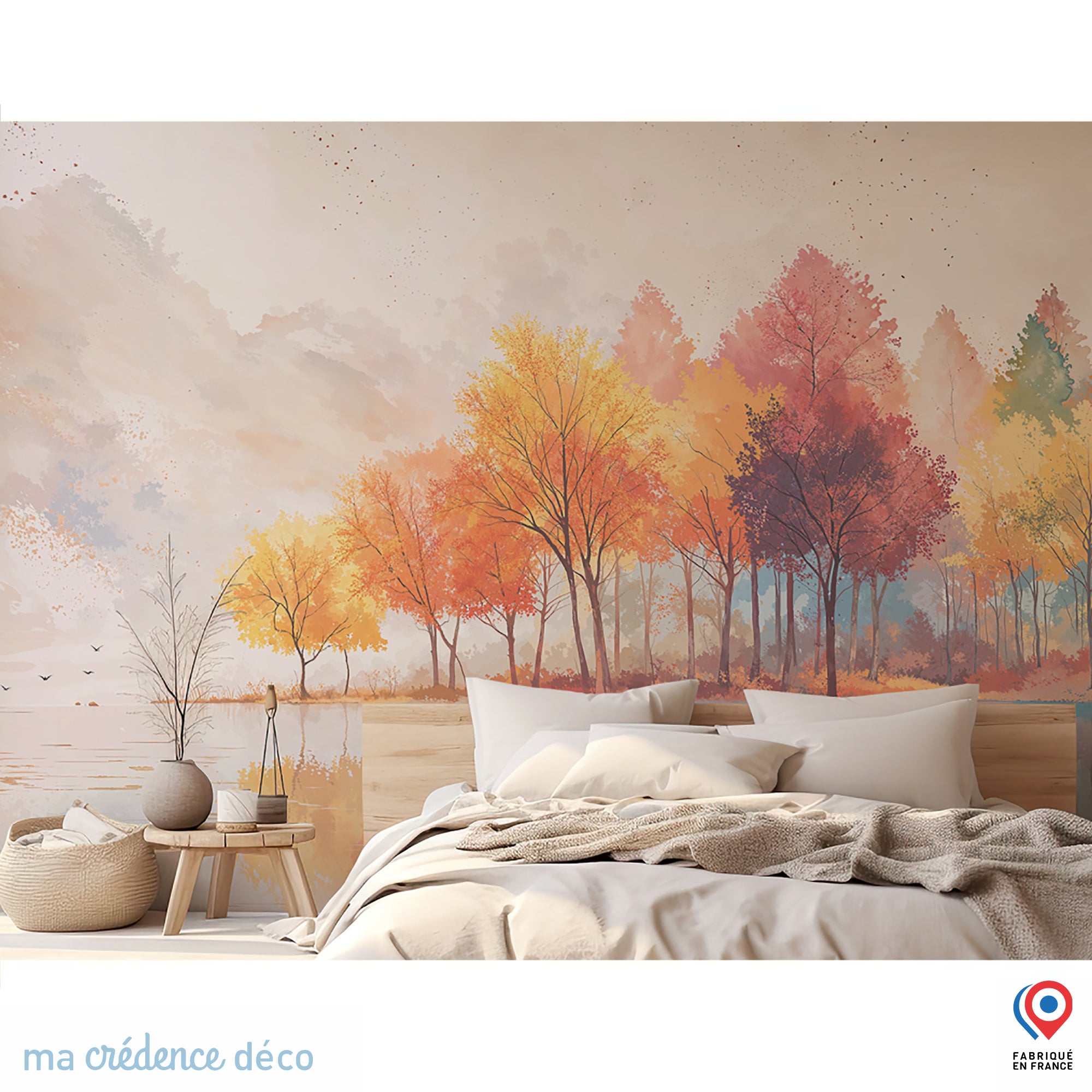 Papier peint Arbres colorés et lac, Aquarelle - Intissé - 300 cm - 280 ...