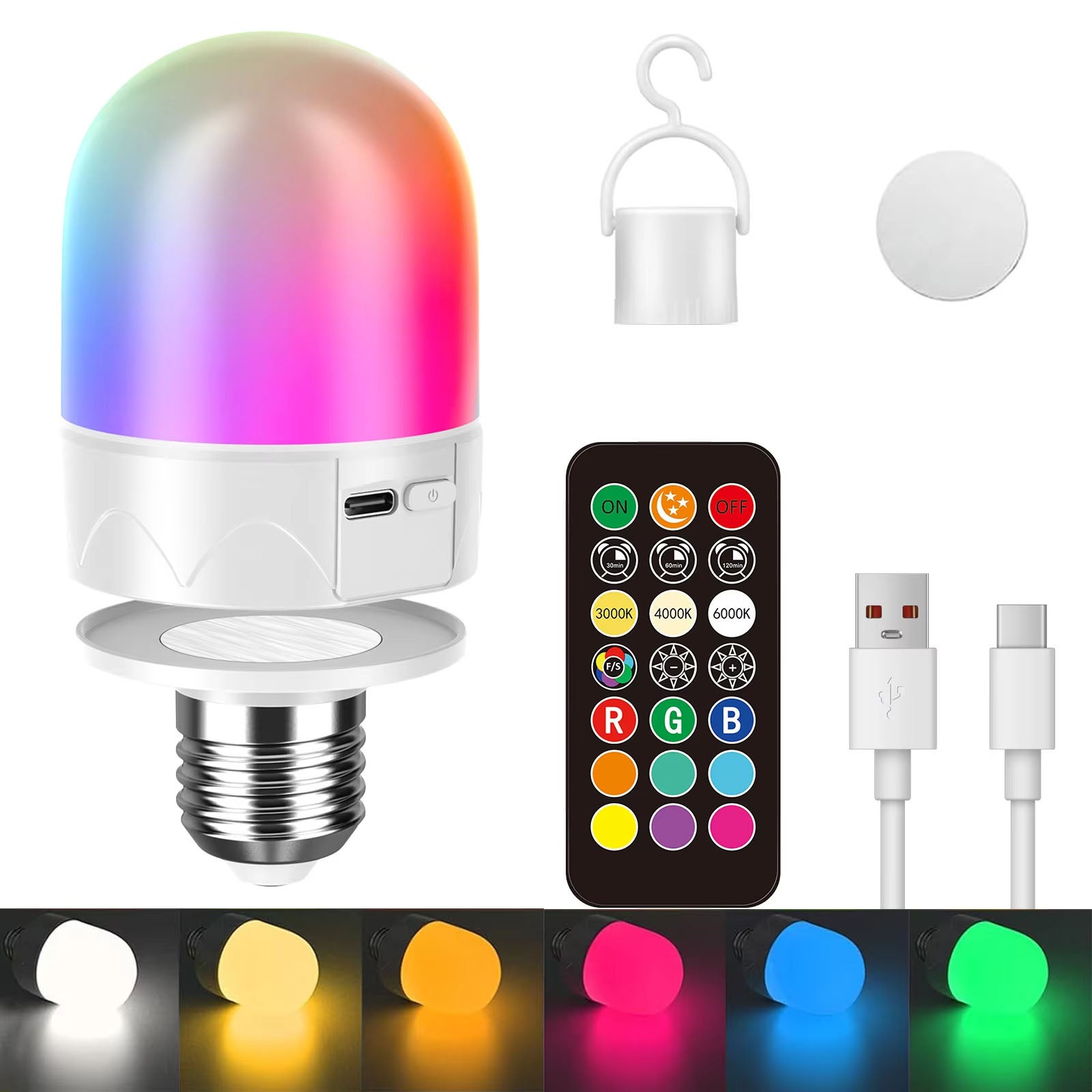 Bombilla E27 recargable con control remoto, alimentación por USB, color ...