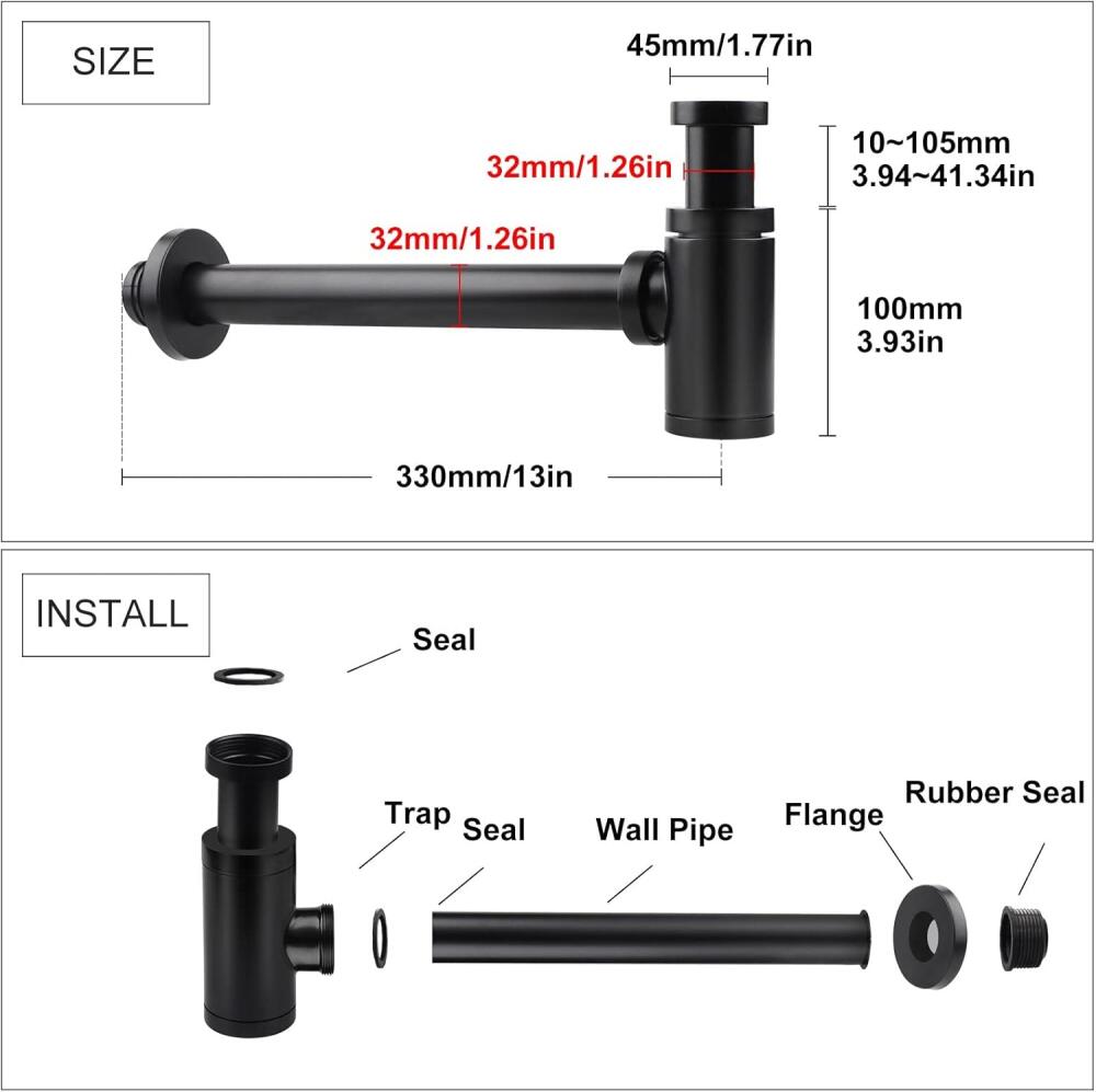 Sifón de Lavabo Negro Universal Tubo de Sifón de Lavabo Sifón de Acero ...