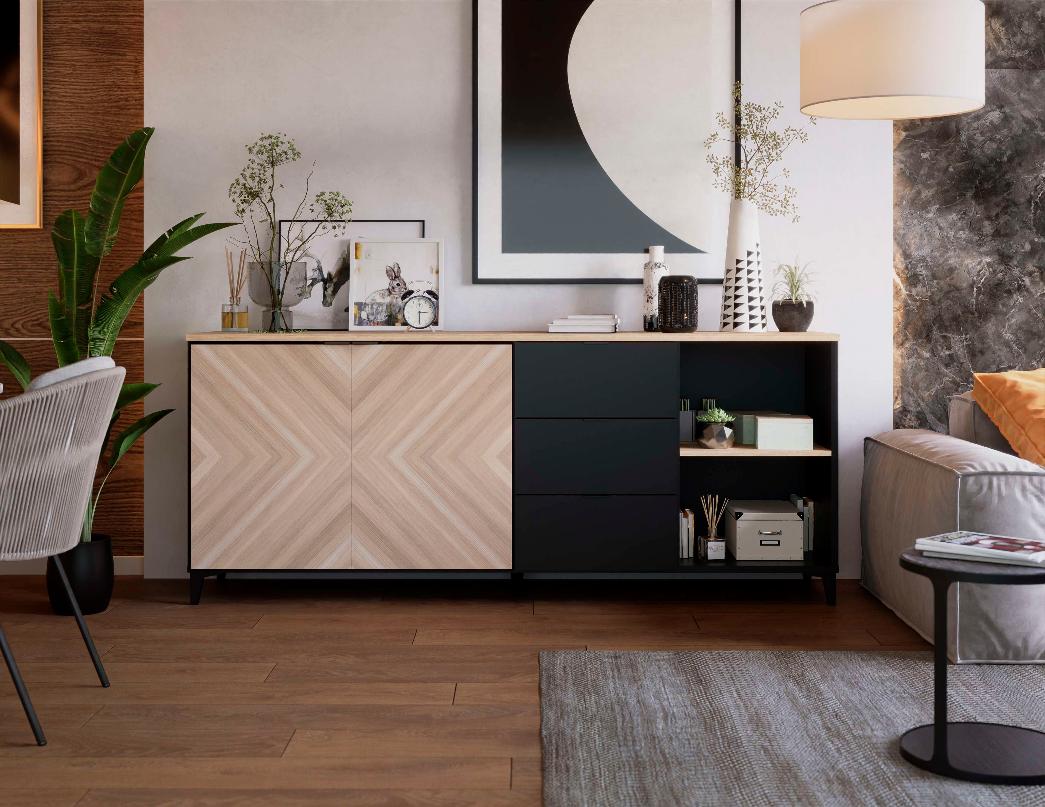 Buffet Waves 2 puertas, 3 cajones y 2 huecos negro y roble 83,5x200x44 ...