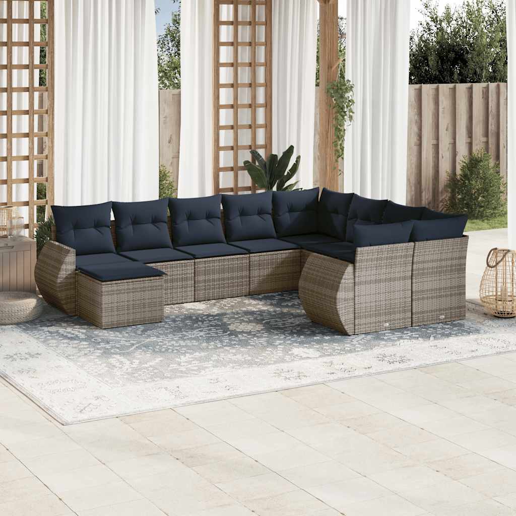 Conjunto de sofá de jardín de 10 piezas con cojines, poliratán gris ...