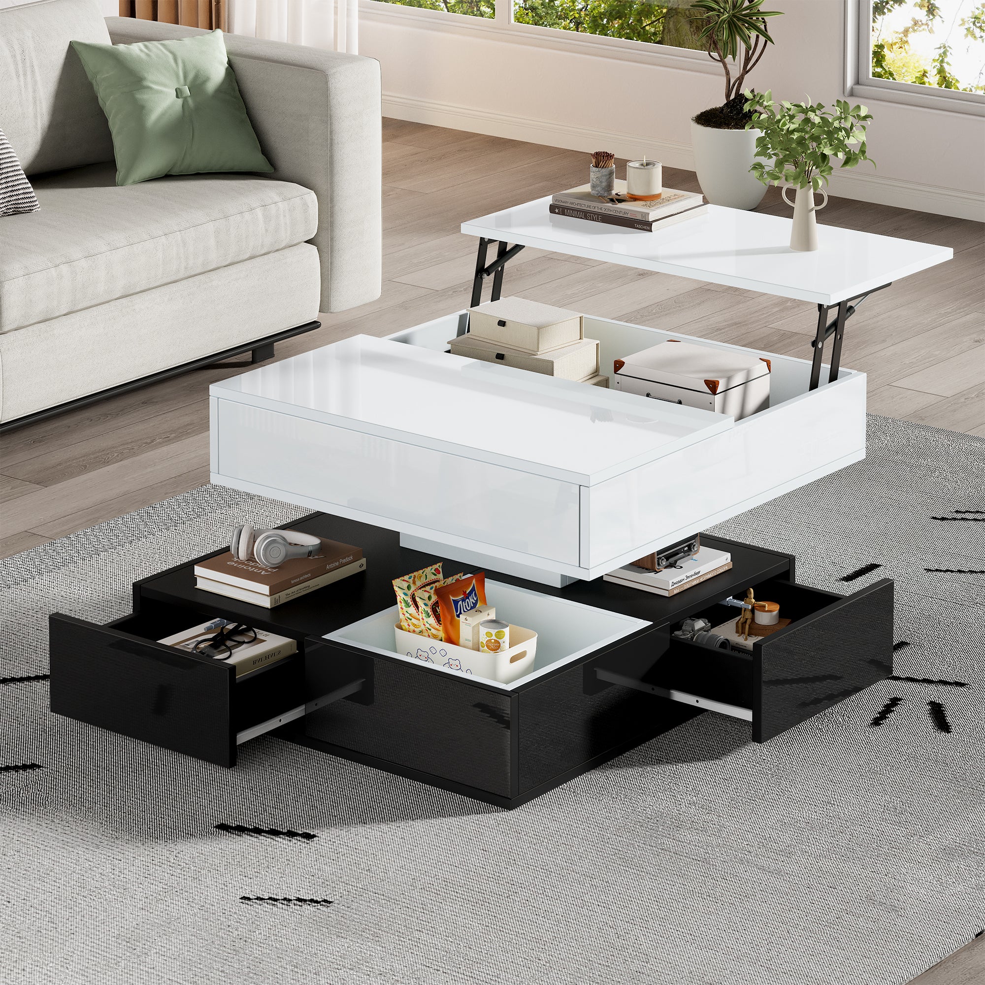 Table basse géométrique 70x70x40 cm, pivotante 360°, 3 tiroirs ...