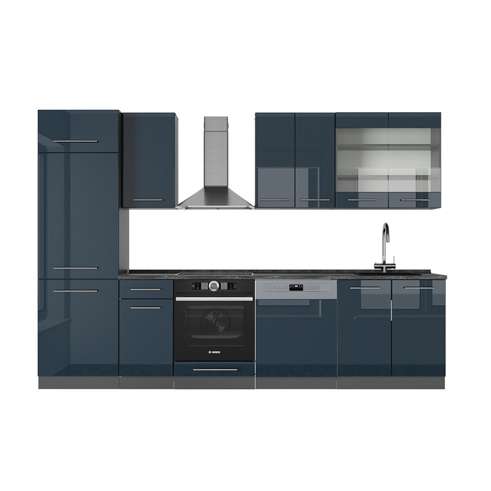 Vicco Kitchenette Fame-Line, Bleu foncé brillant/Anthracite, 300cm sans ...