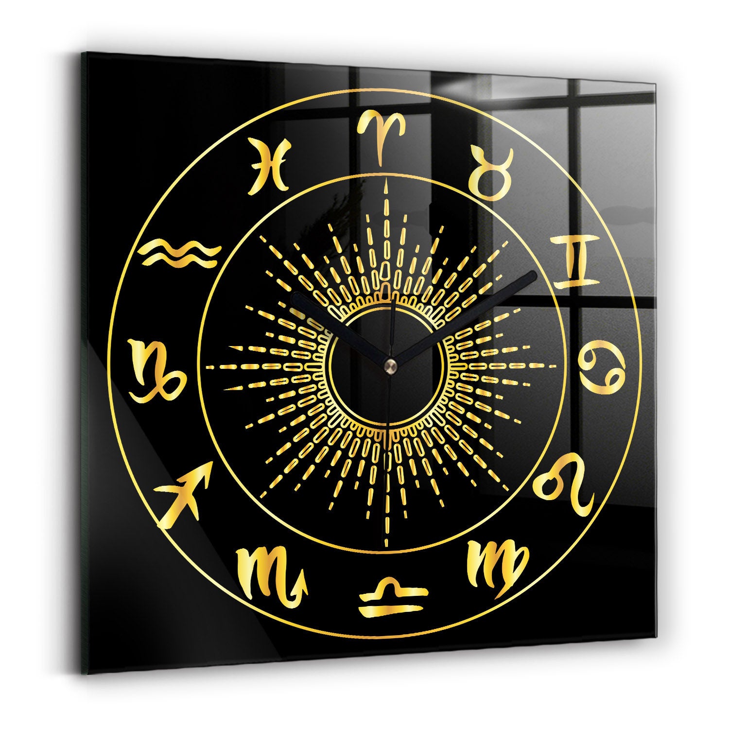 Horloge ronde en verre imprimé | 30x30 | Pointes noires | Signes du ...