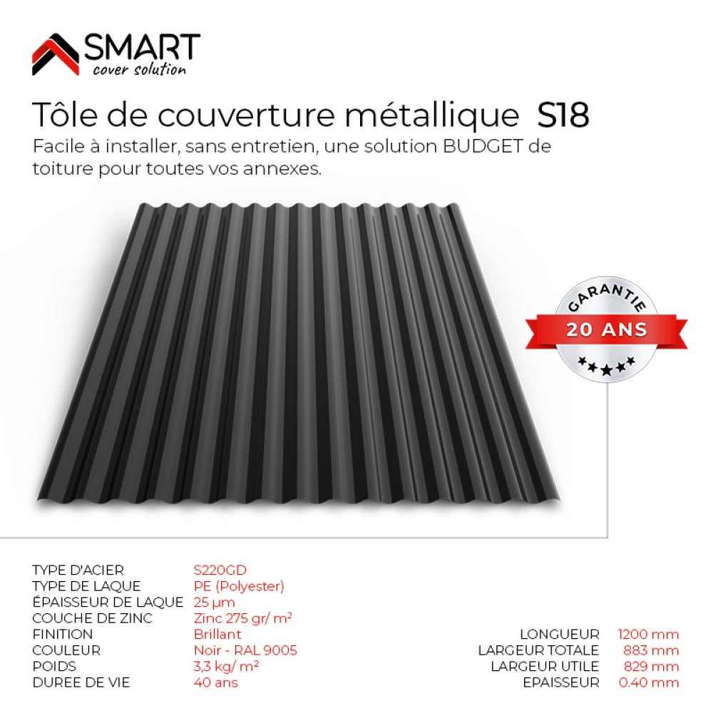 Tôle de couverture S18 Coloris Noir Brillant RAL 9005 Dimensions ...