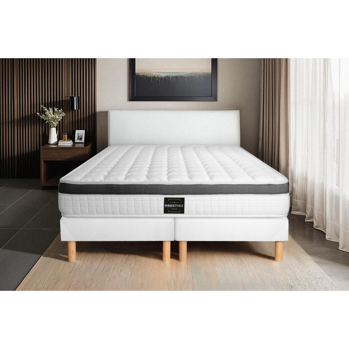 Ensemble matelas 200 x 200 cm Supérieur - Mémoire de forme - Ep : 21 cm - Ferme - sommier Blanc ...