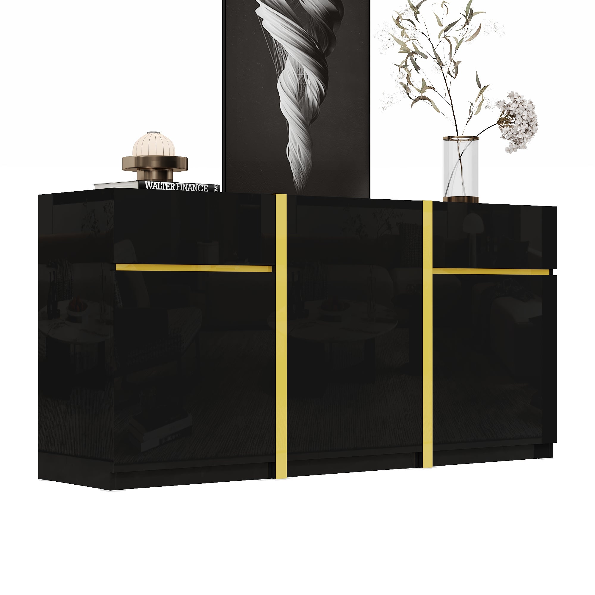 Buffet laqué brillant luxueux, 3 portes 2 tiroirs, design minimaliste ...