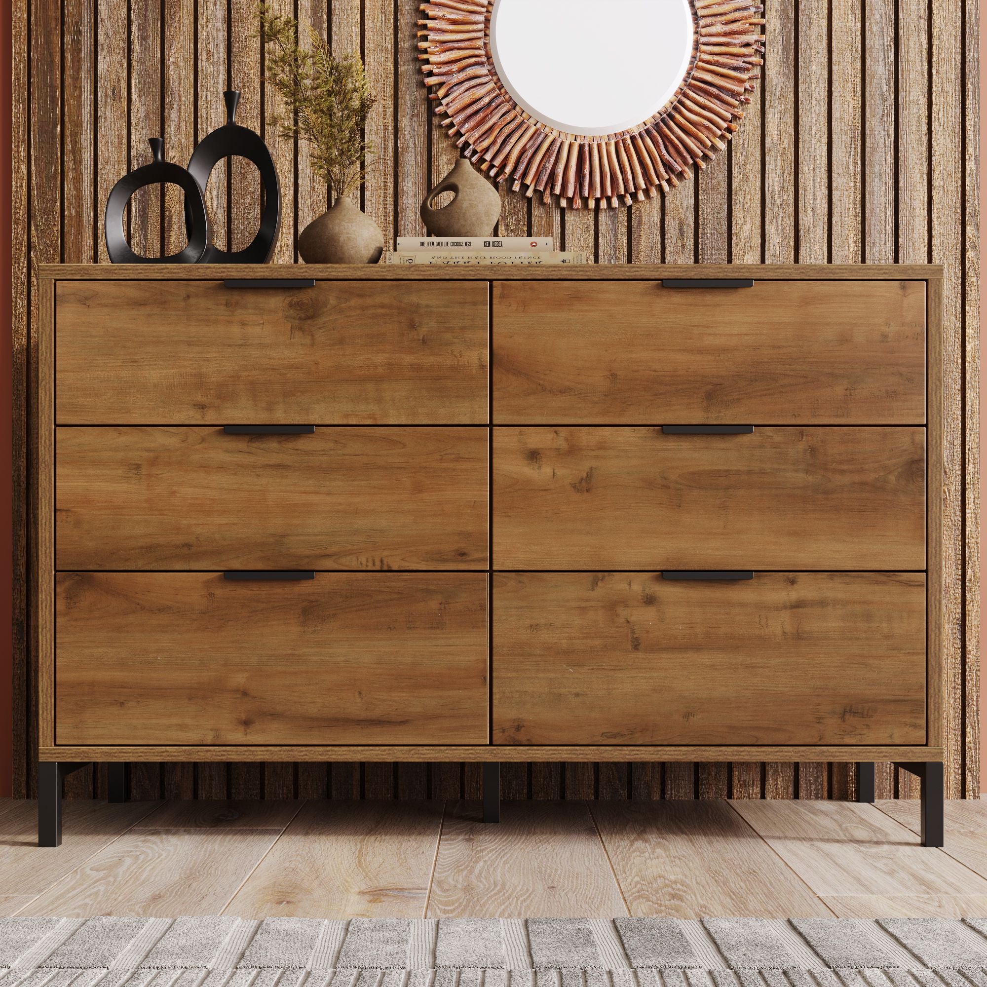 Commode à 6 tiroirs pour chambres et salons - 120 x 40 x 76 cm - chêne ...