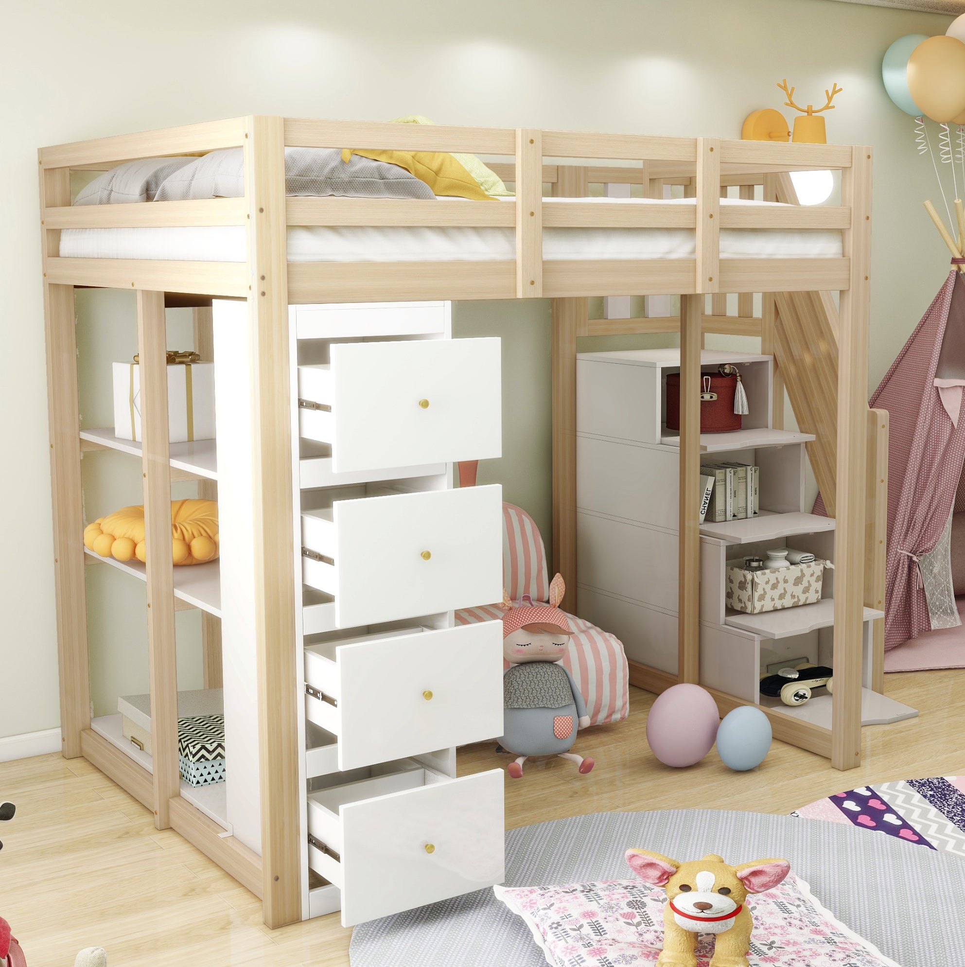 Litera alta 140x200 cm almacenamiento 4 cajones estantes escalera ...