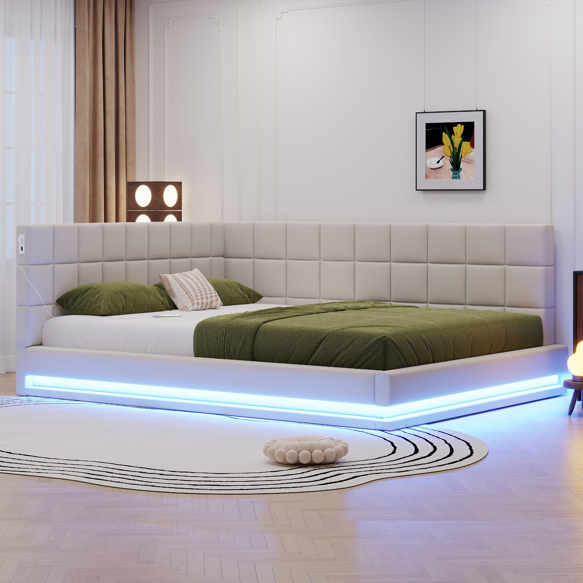 Lit Banquette 160x200 cm , Lit Simple avec Rangement, LED et Prise USB ...