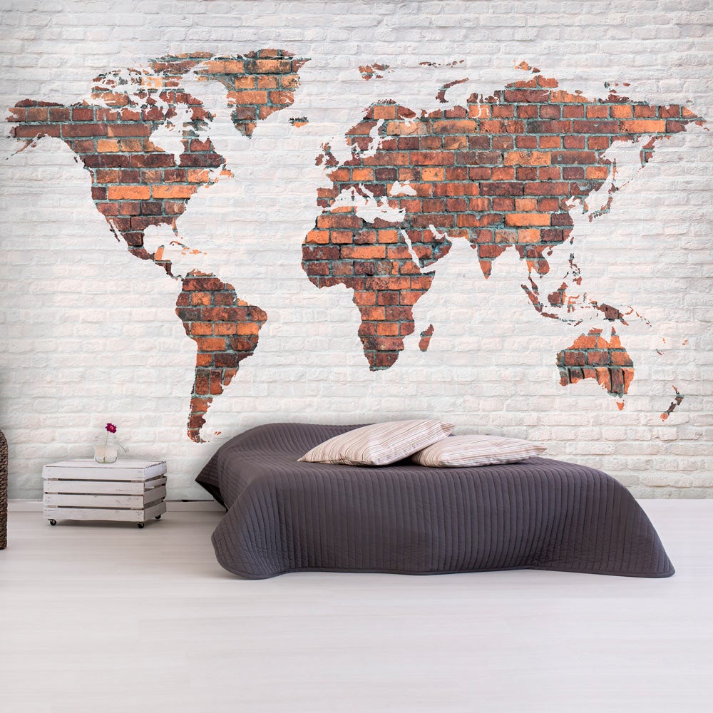 Papier peint intissé panoramique Carte du monde World Map: Brick Wall ...