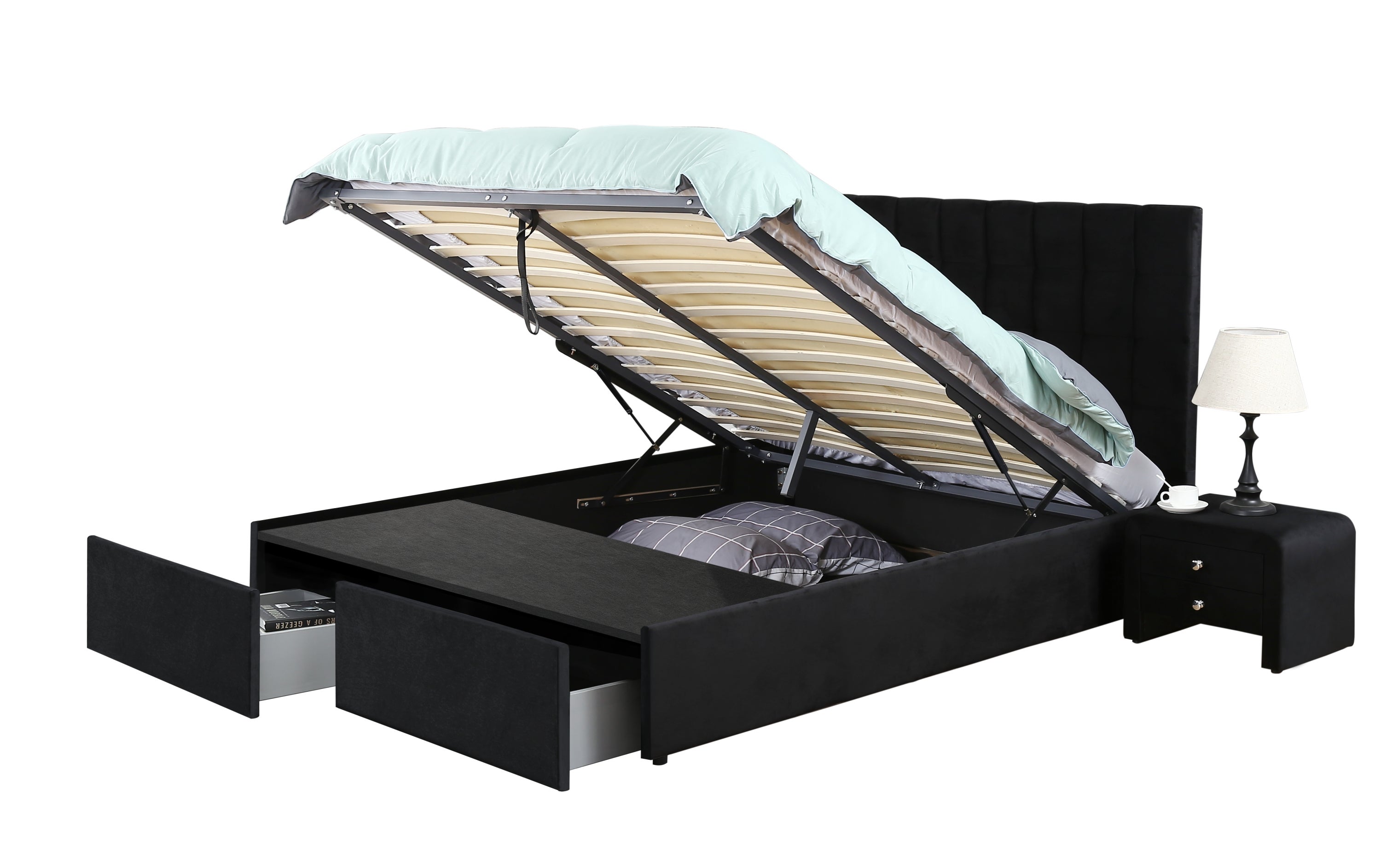 Lit coffre velours noir 2 tiroirs Krazo 140x190 cm | Leroy Merlin