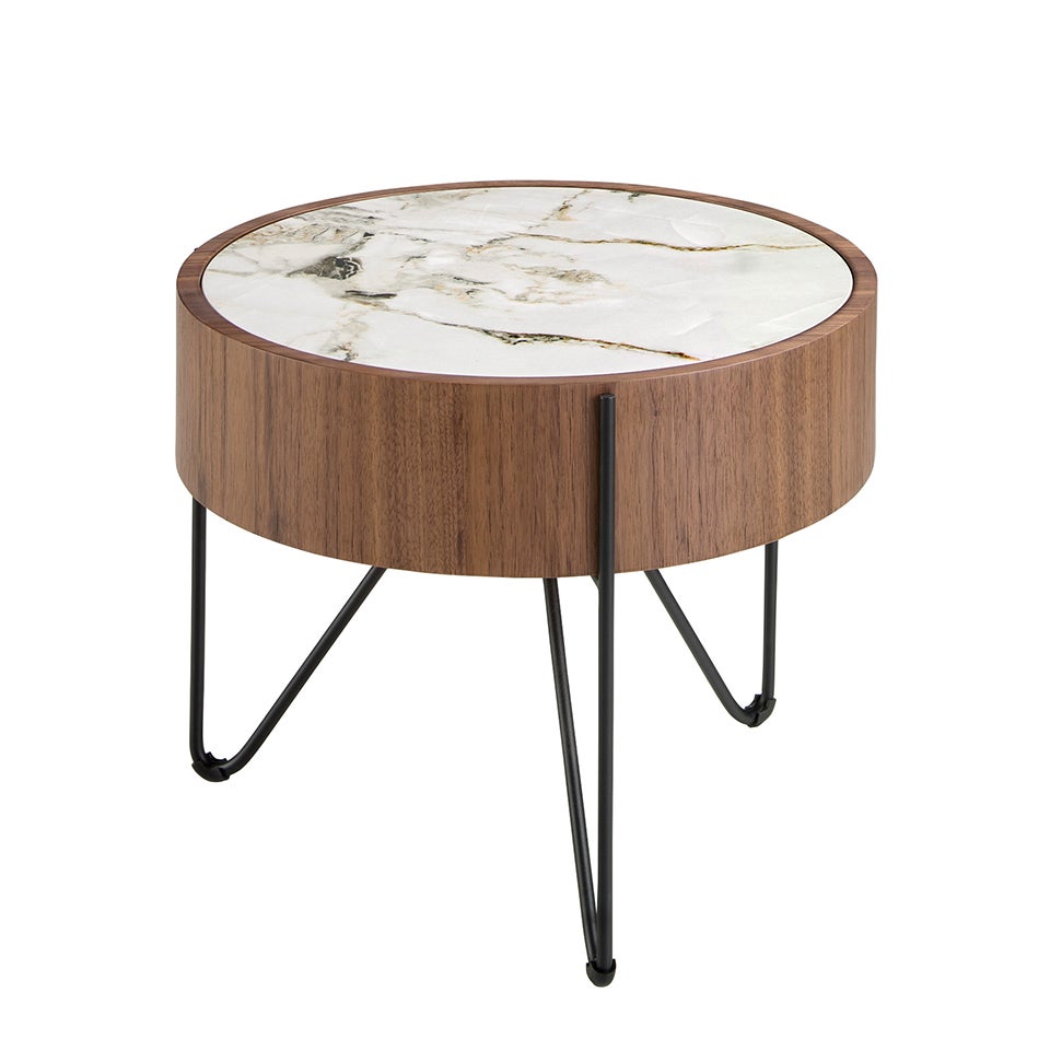 Table d'angle ronde en marbre porcelaine, noyer et acier noir Ø50 x 38 ...