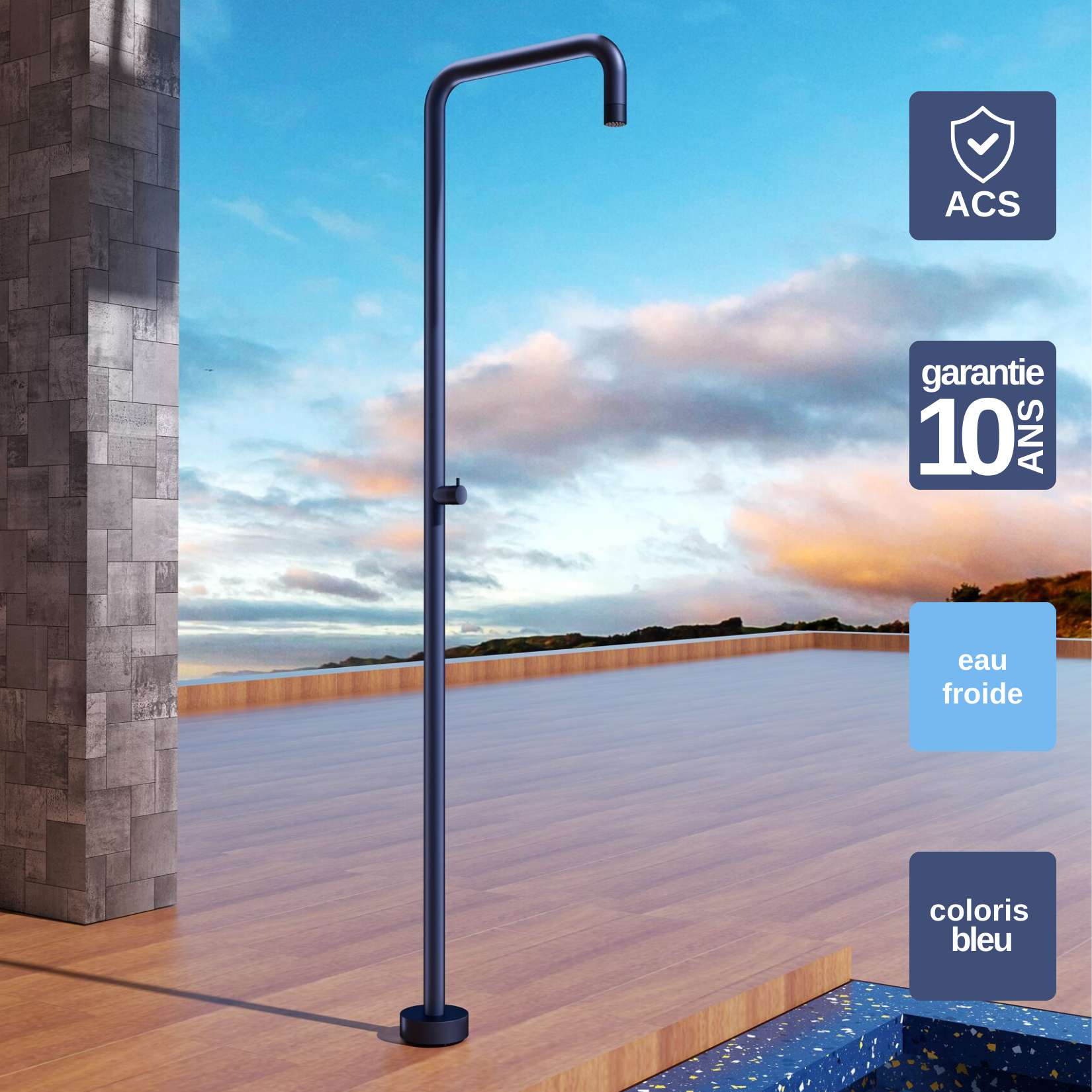 Douche de piscine Utah en Acier Inox 316 Bleu Océan– Tête Ø50cm /Corps ...