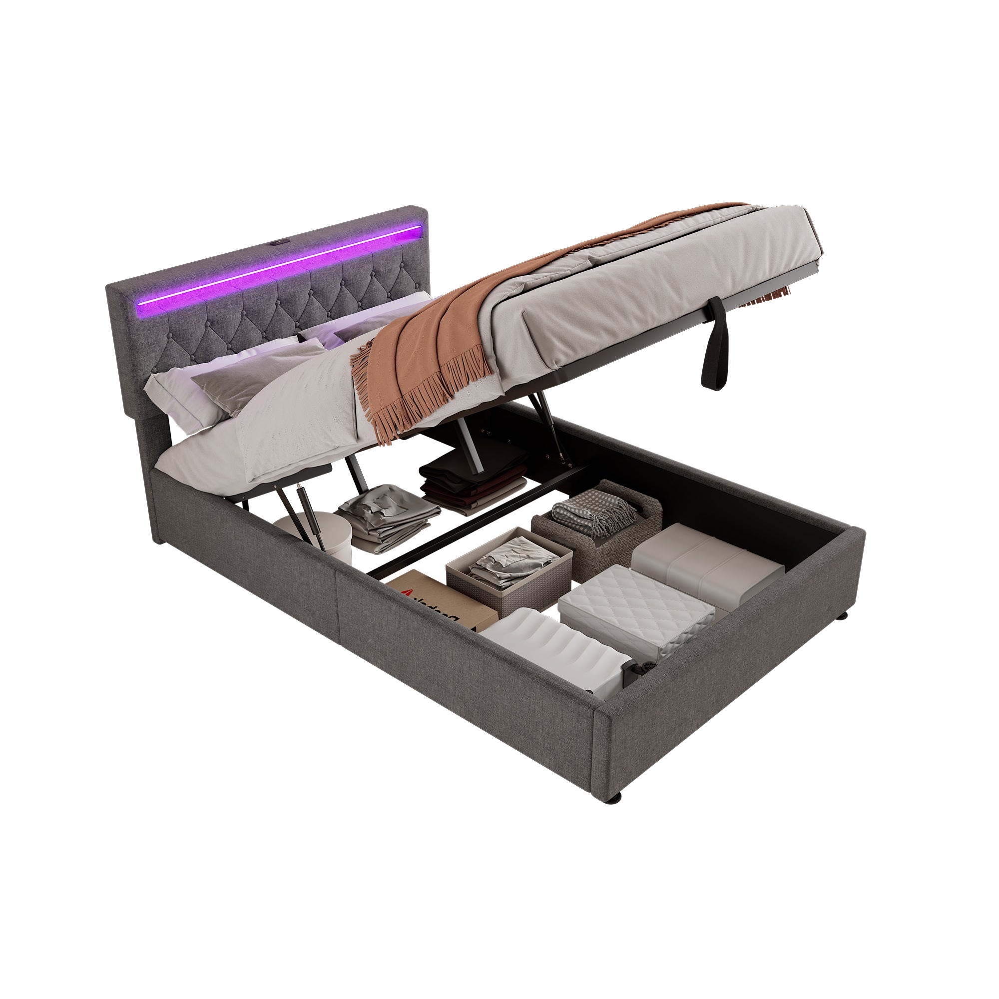 Lit plat 140x200 cm, lit rembourré, lumière ambiante, lit relevable et ...