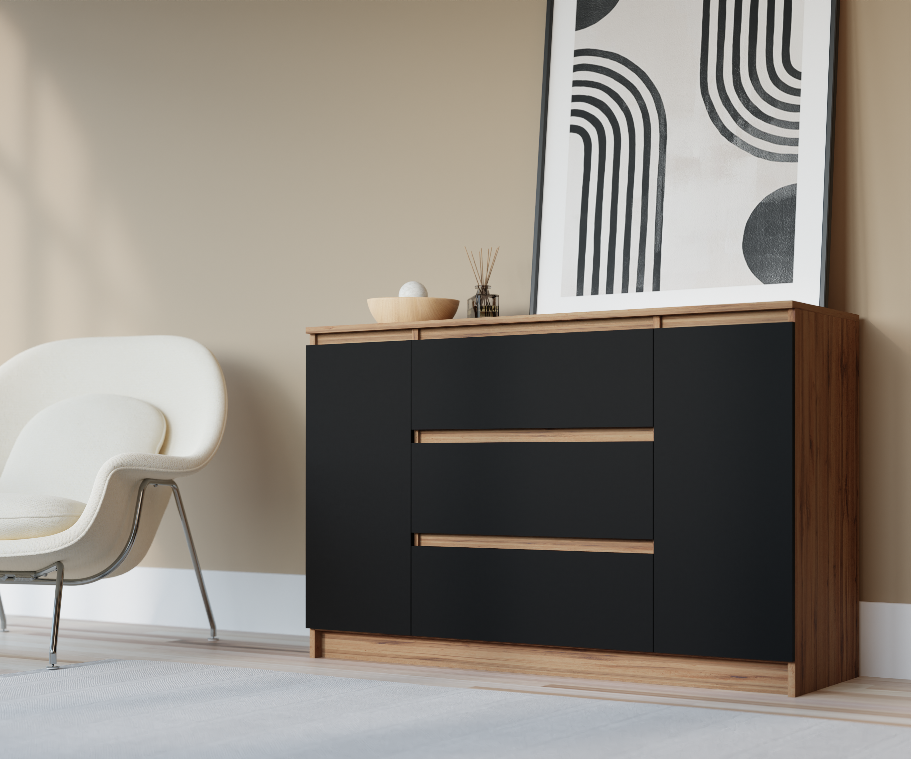 Commode 2 Portes, 3 Tiroirs, chêne wotan / noir, 120 x 79 x 39 cm ...