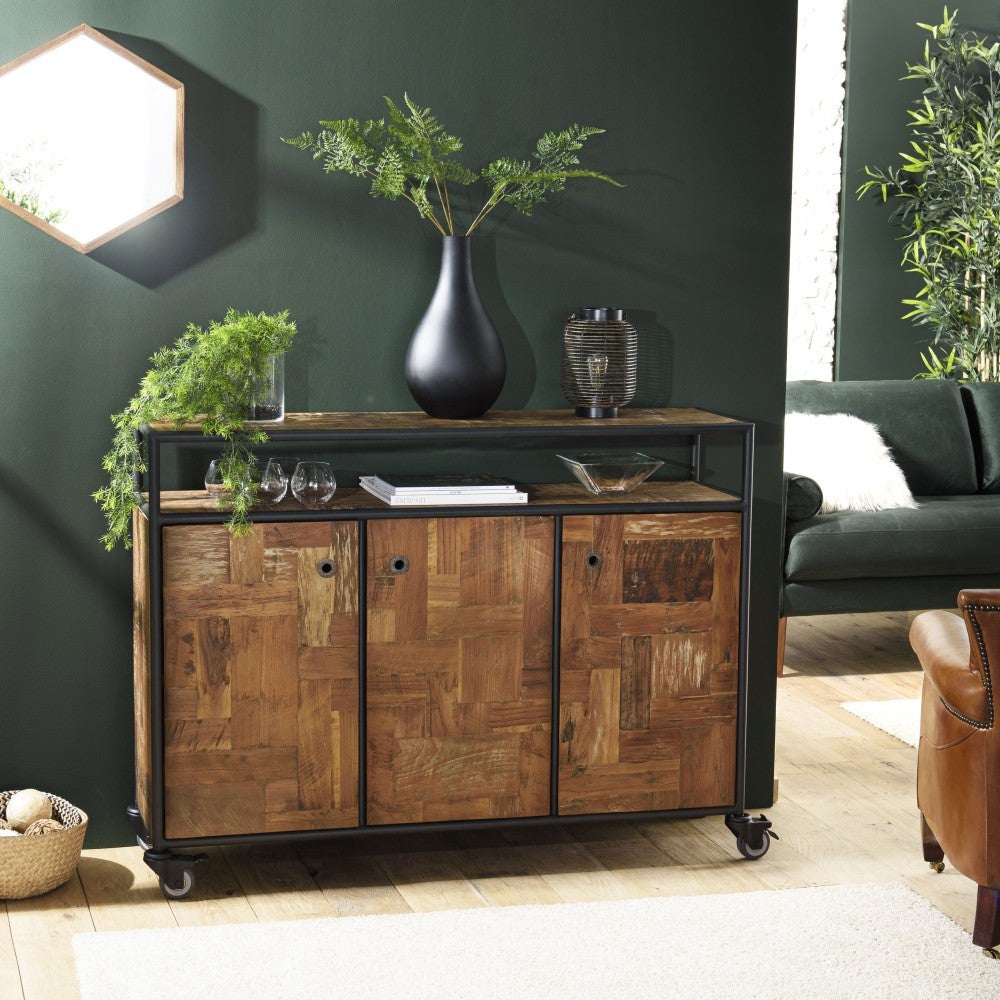 SIXTINE - Buffet marron à roulettes 3 portes 1 étagère bois teck ...