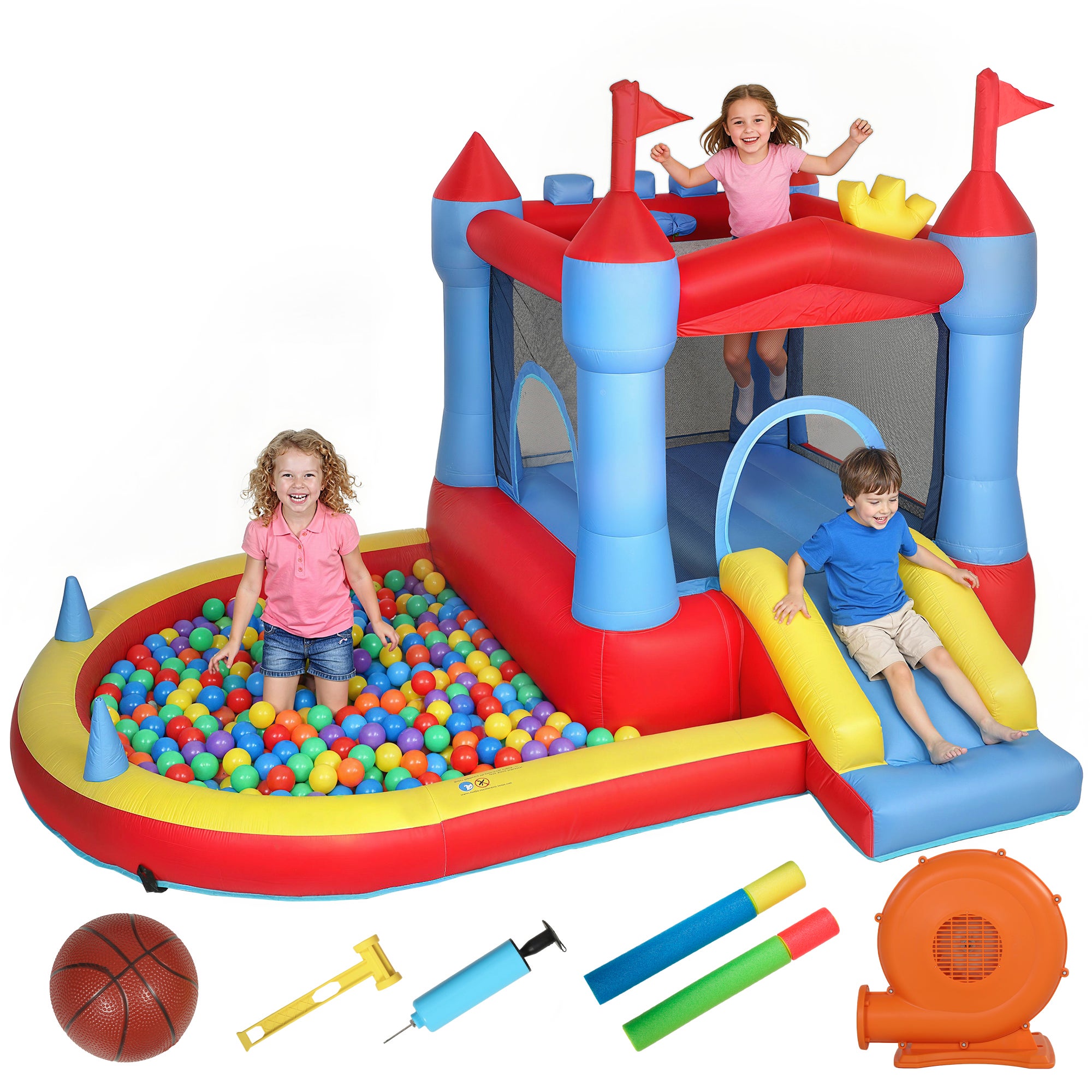 Infantil con tobogán, piscina/piscina de bolas, aro de baloncesto y ...