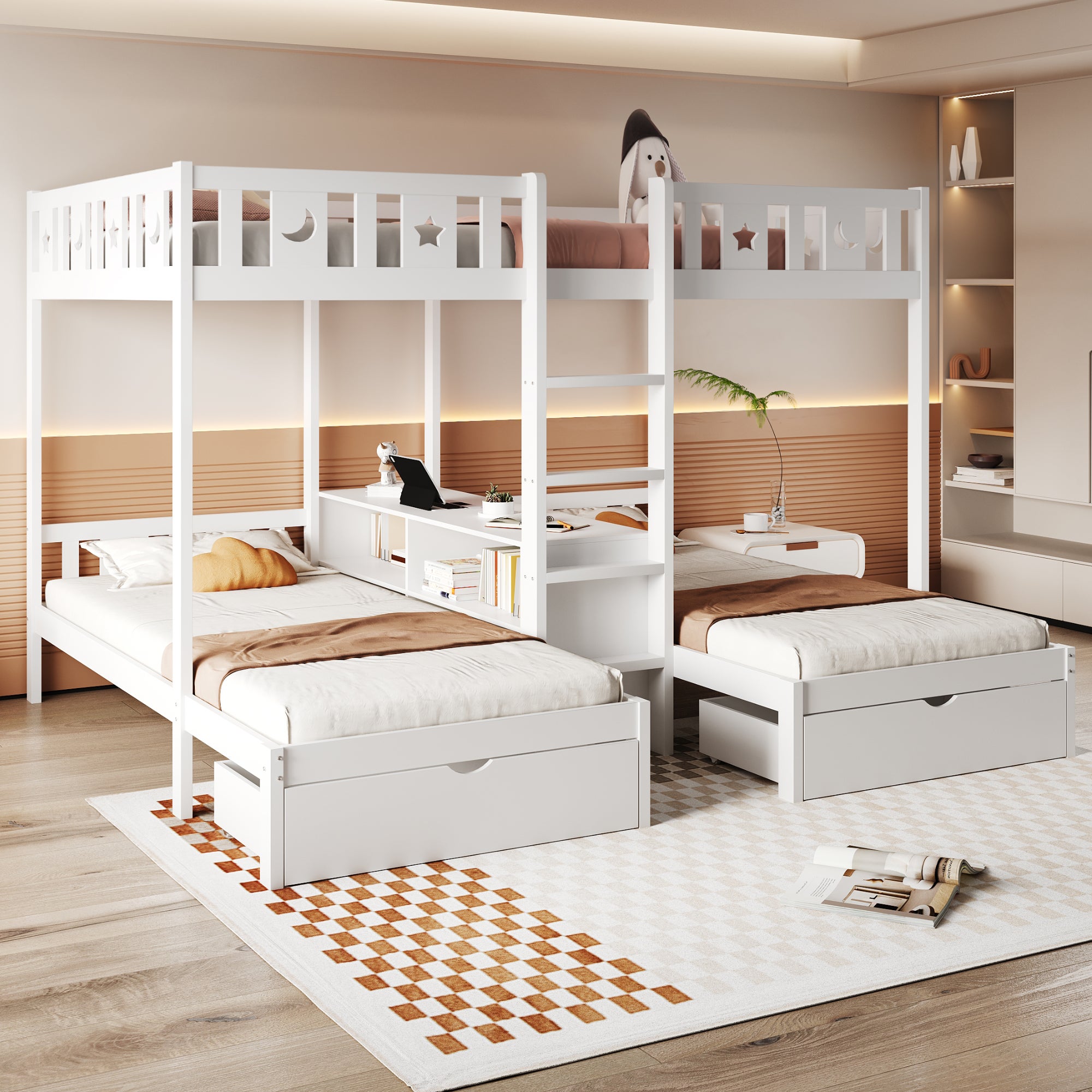 Litera Triple 140x200 cm + 2x90x200 cm, 2 Cajones, Escalera Segura ...