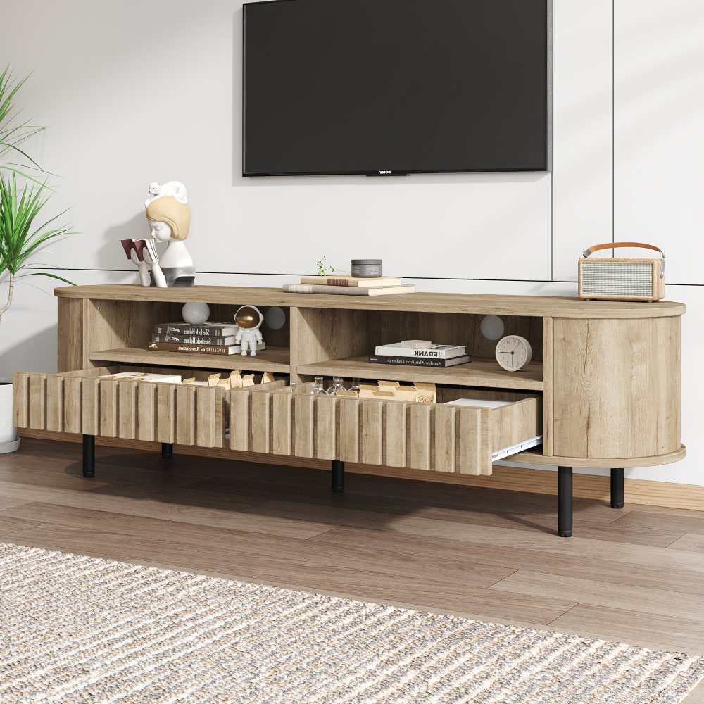 Meuble TV 160 cm bois naturel, 2 tiroirs + 2 niches, 5 pieds, pour ...