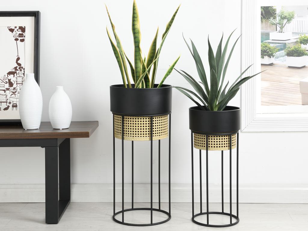 Lot de 2 cache-pots sur pied effet cannage- Fer - D.30.5 x H.66 cm et D ...