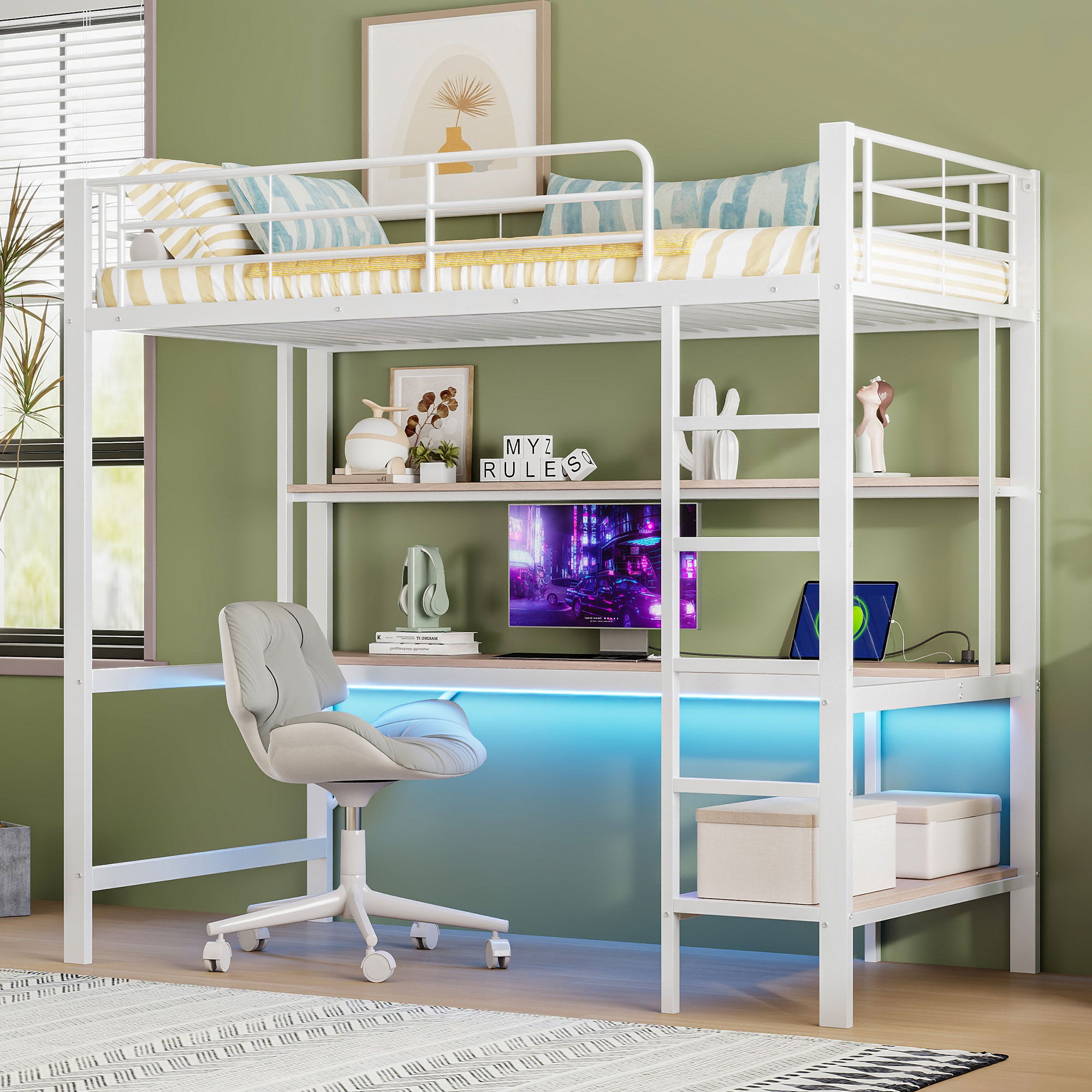 Lit mezzanine 90x200 cm, USB + prise électrique, LED intégrée, bureau ...