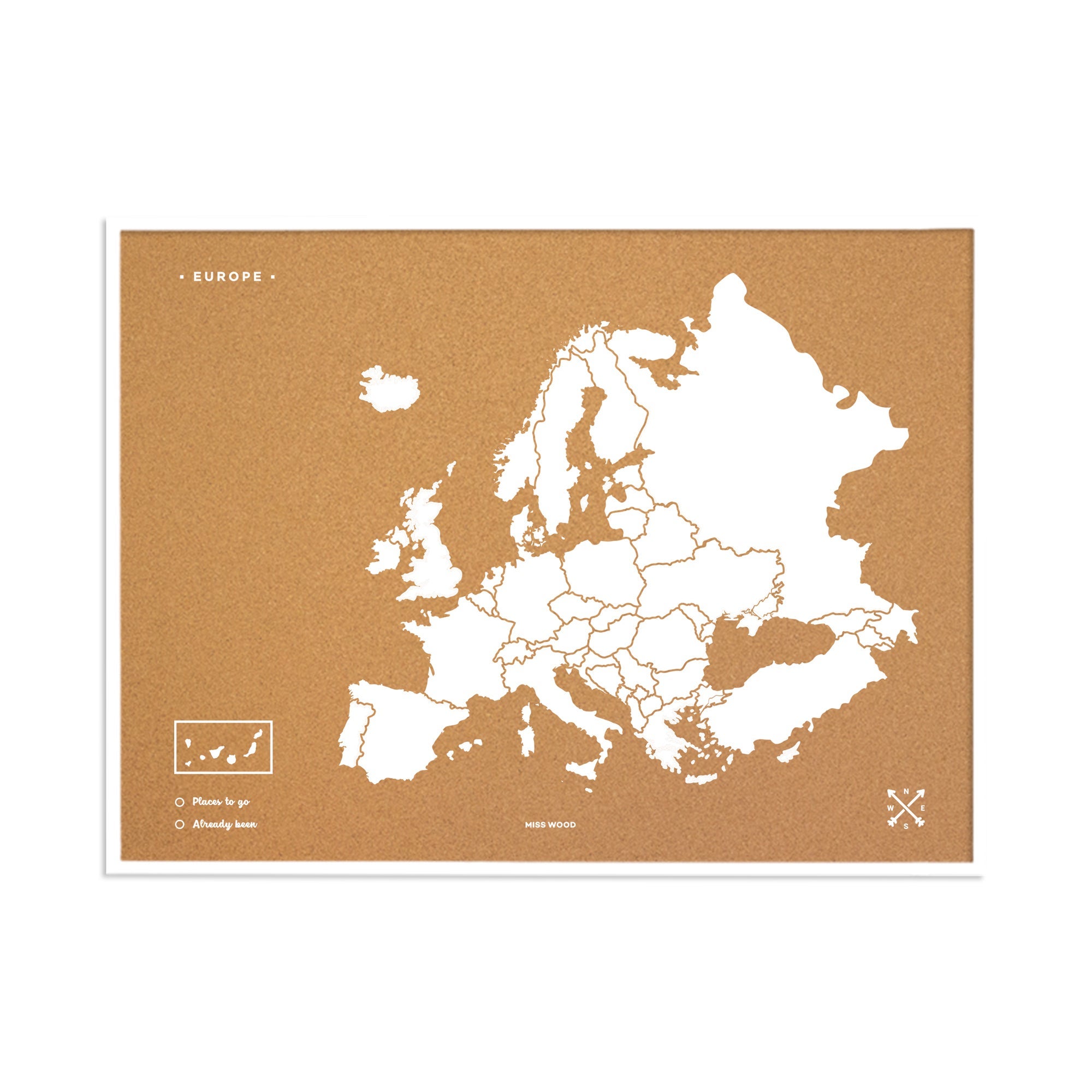 Carte en liège - Woody Map Natural Europe / Blanc / 90x60 cm / Cadre ...