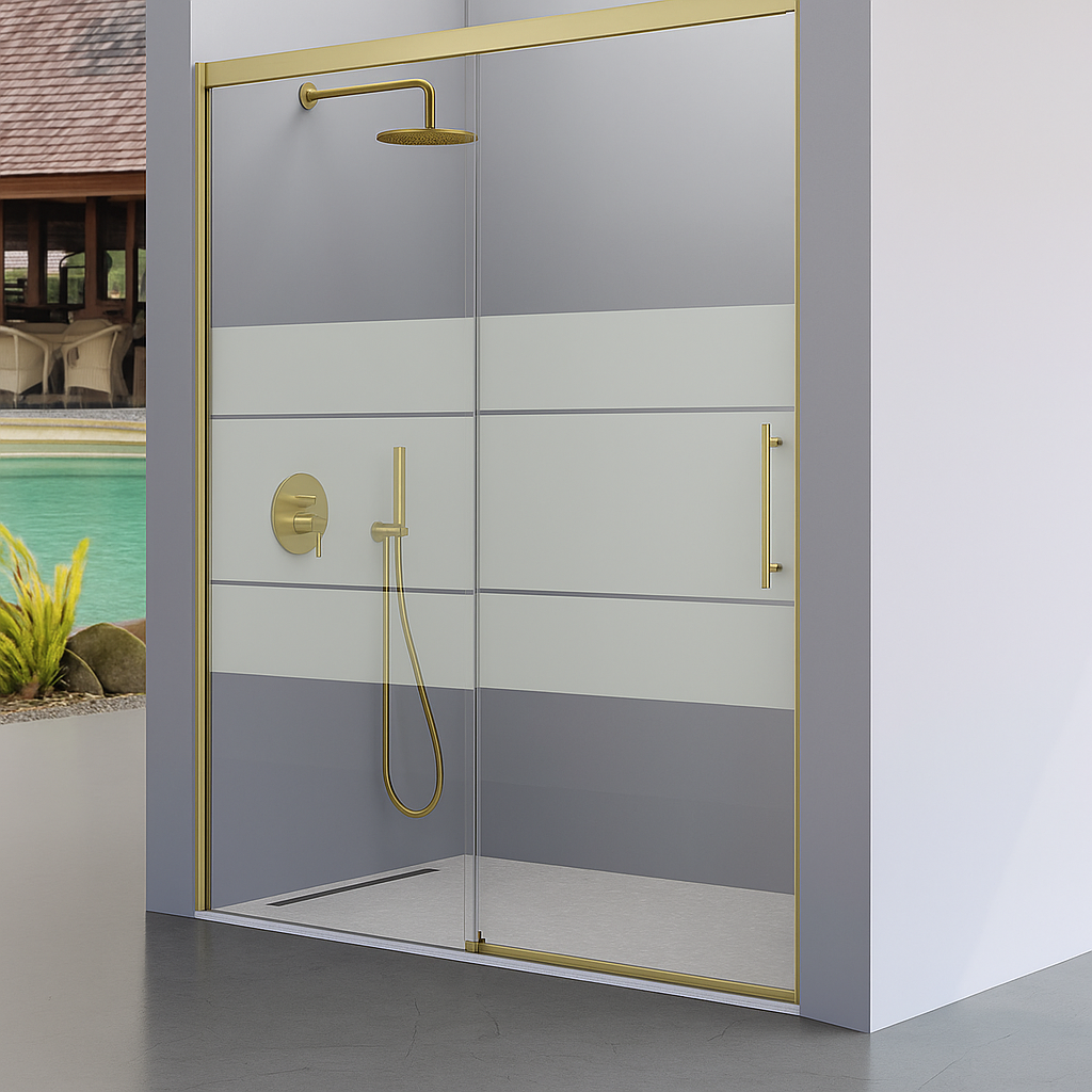 Paroi de douche frontale coulissante Série URBAN - 149–152 cm - Or brossé - Verre décoré ...