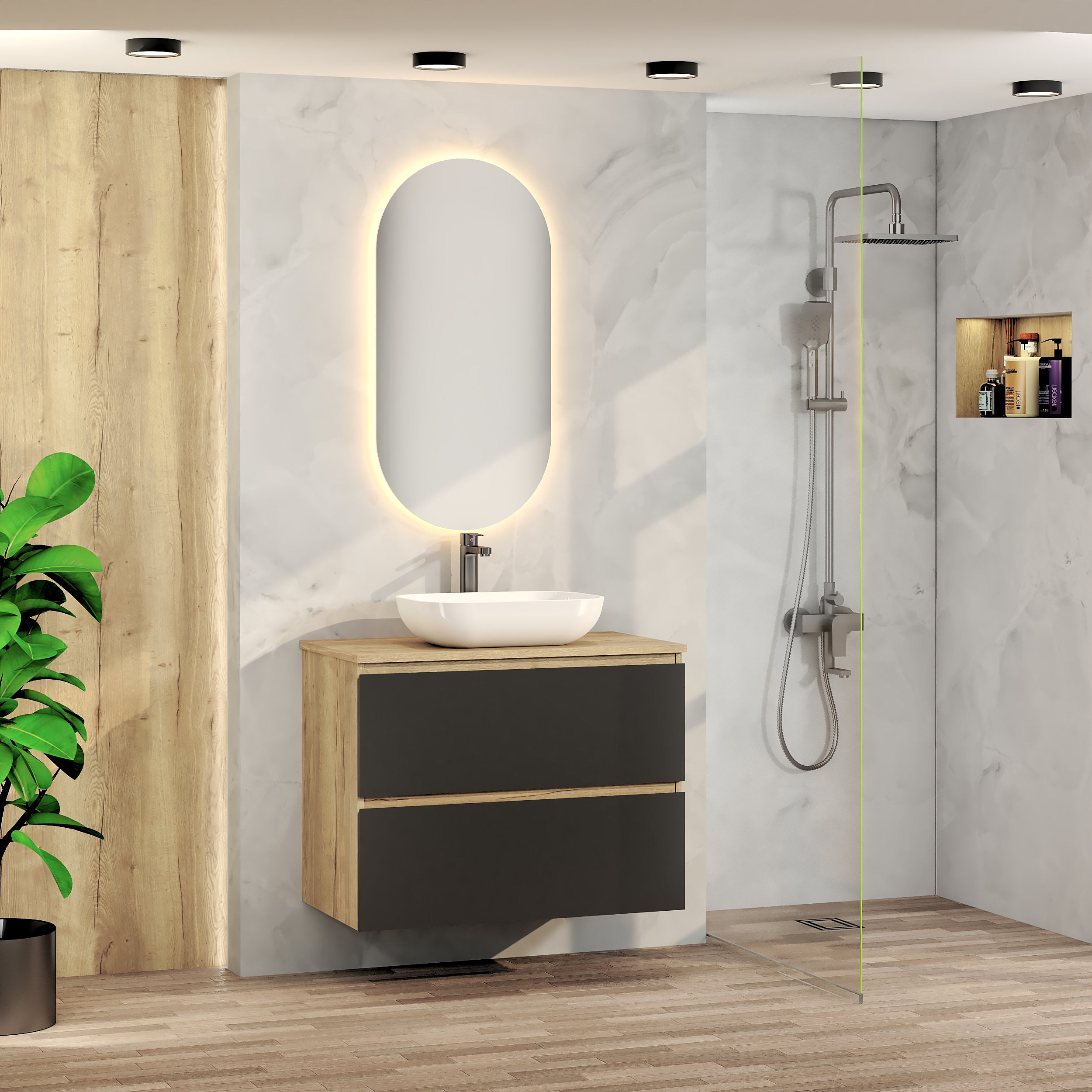 CONJUNTO DE BAÑO NIA | MUEBLE SUSPENDIDO | 80 CM NEGRO | DOS CAJONES | LAVABO SOBREPUESTO | NO ...
