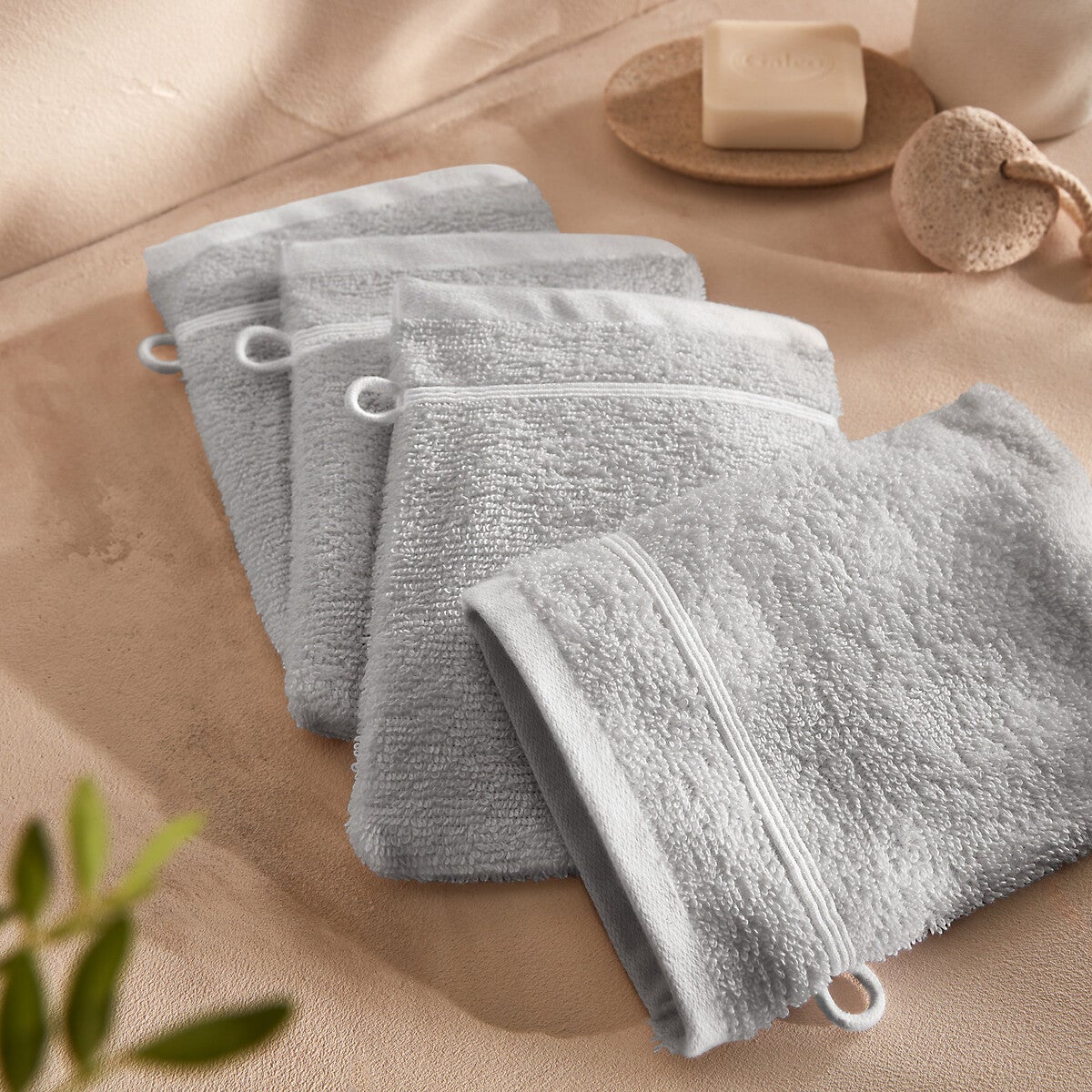 Lot 4 gants de toilette éponge bouclette, Zavara - Gris clair - 15 x 21 ...