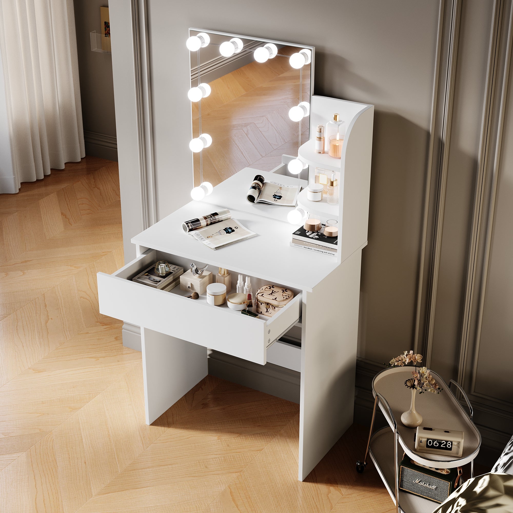 Coiffeuse Moderne Blanche 70 x 40 x 140 cm SIRHONA avec 10 Ampoules LED ...
