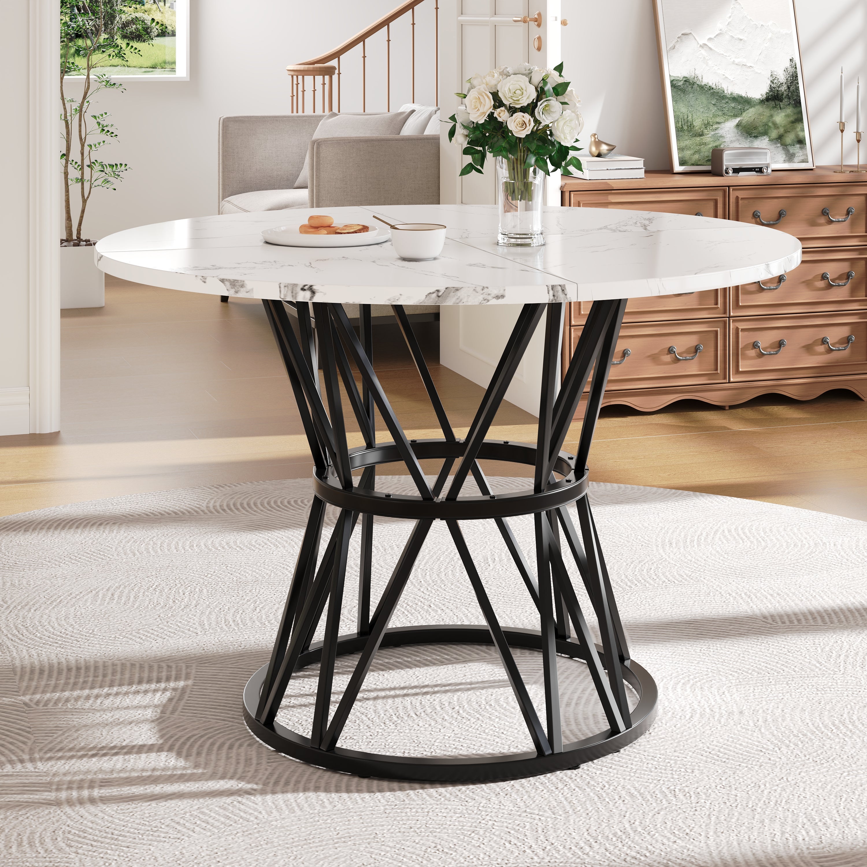 Table ronde 100 cm marbre noir pieds métal 4 personnes design moderne ...