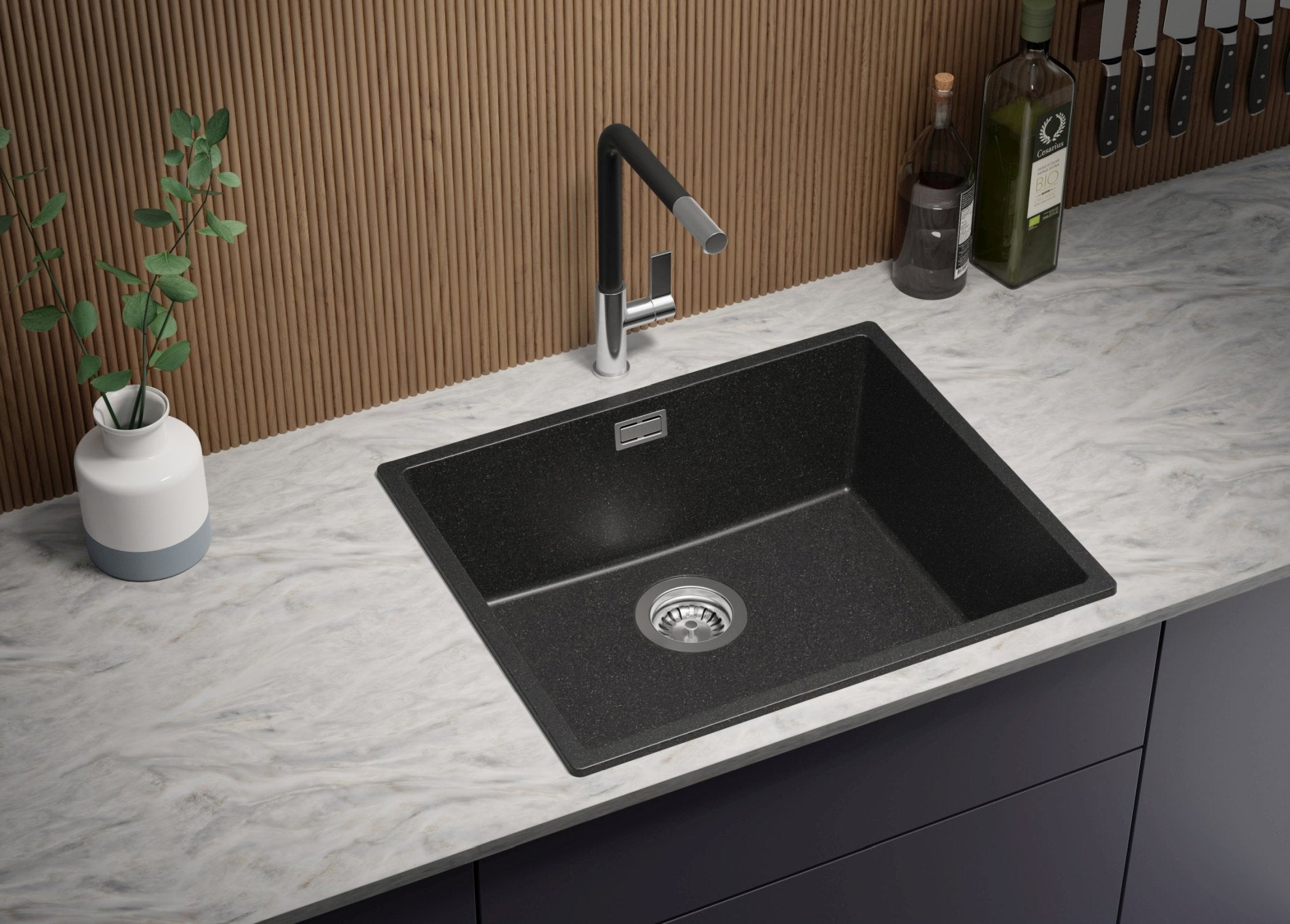 Evier Cuisine en Granit Graphite, 56 x 47 cm, Lavabo 1 bac + Kit de ...