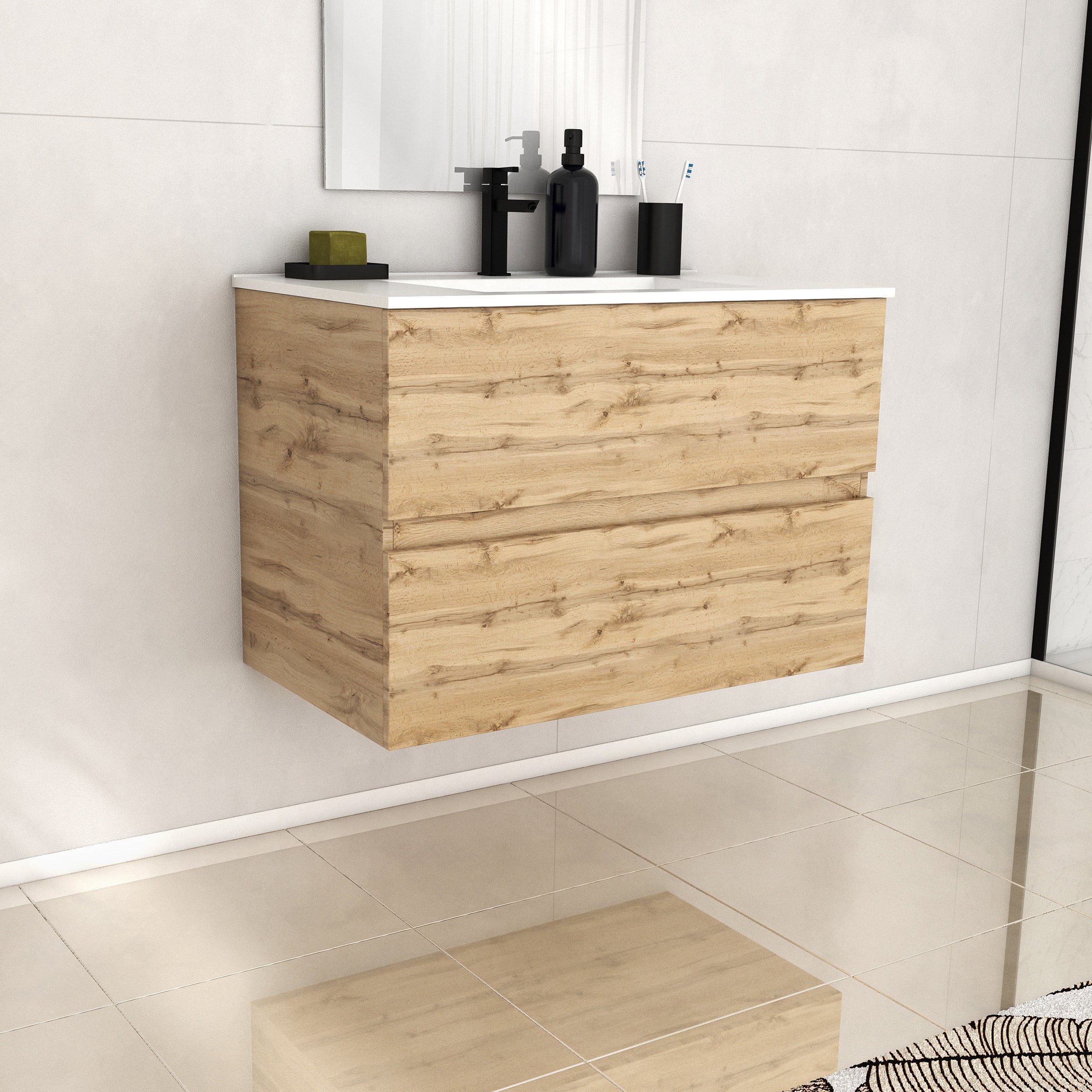 Meuble de salle de bains 80cm 2 Tiroirs_Chêne Naturel + Vasque céramique blanche - TIMBER 80 ...