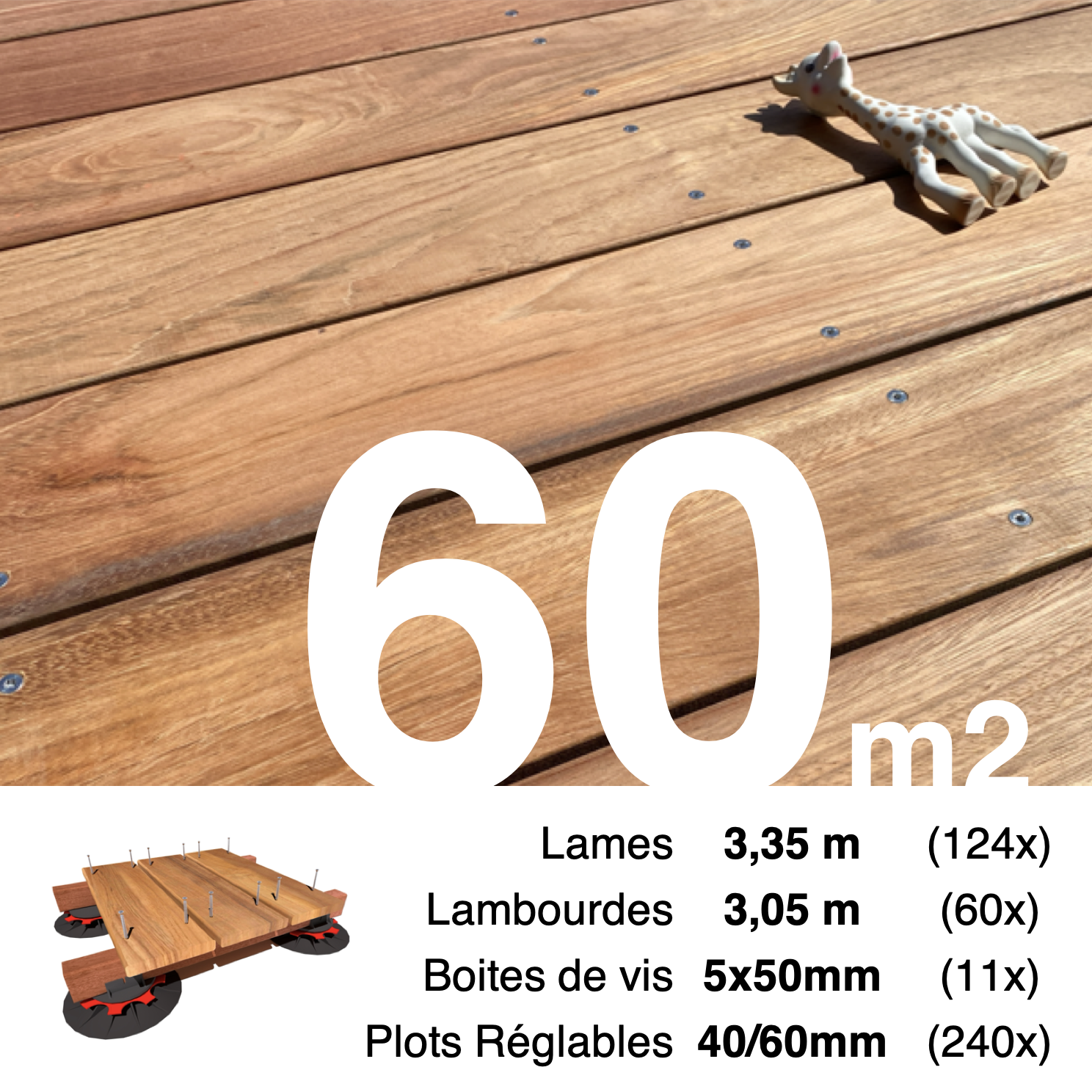 Kit complet terrasse bois exotique JATOBA pour 60 m² • Lames 3,35 m ...