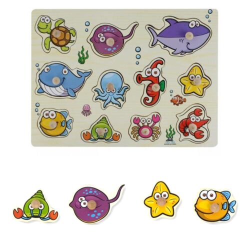 PUZZLE LEGNO INCASTRO EDUCATIVO PESCI BALENA TARTARUGA SENSORIALE ...