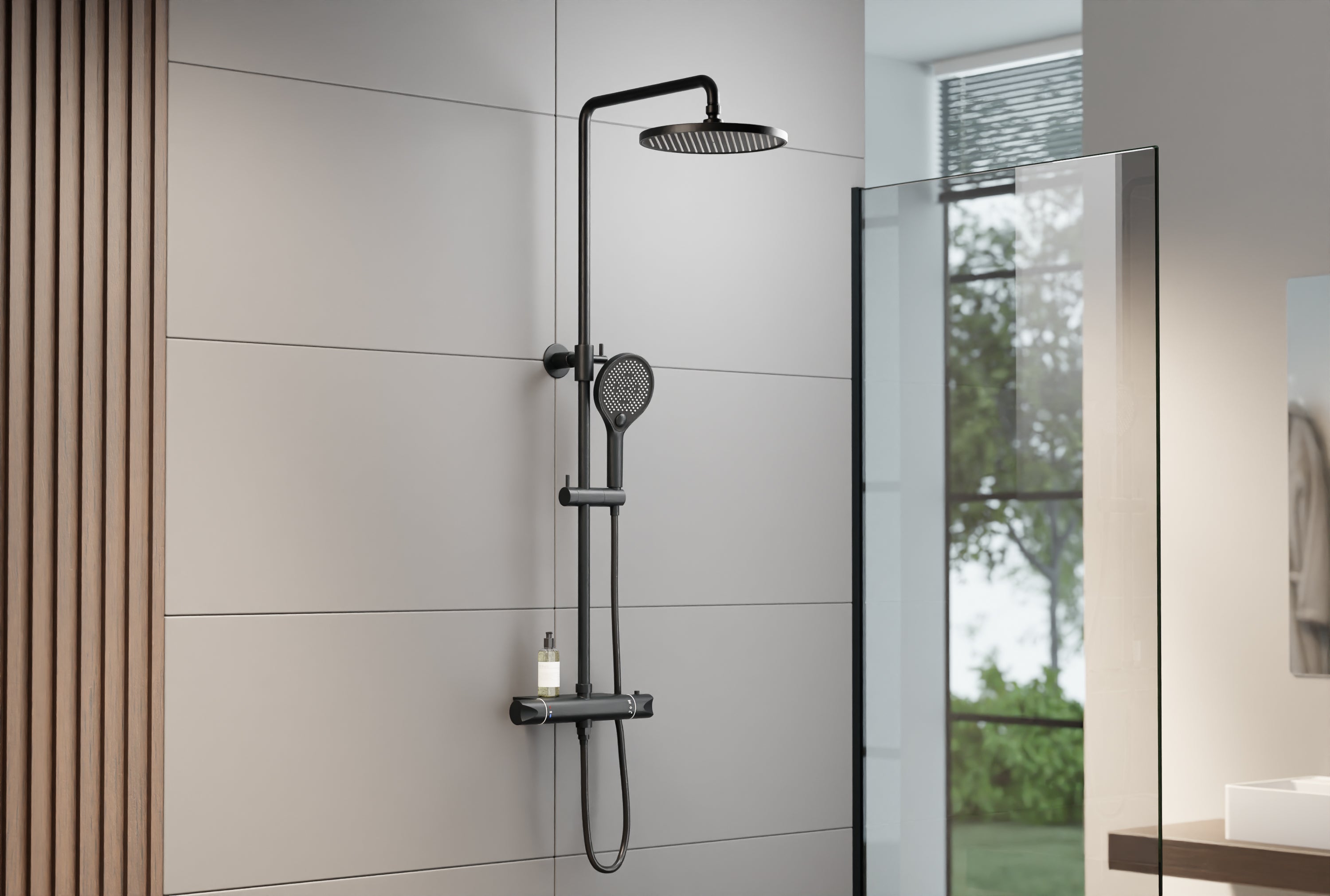 BERNSTEIN - Columna de ducha termostática de pared, color negro mate ...