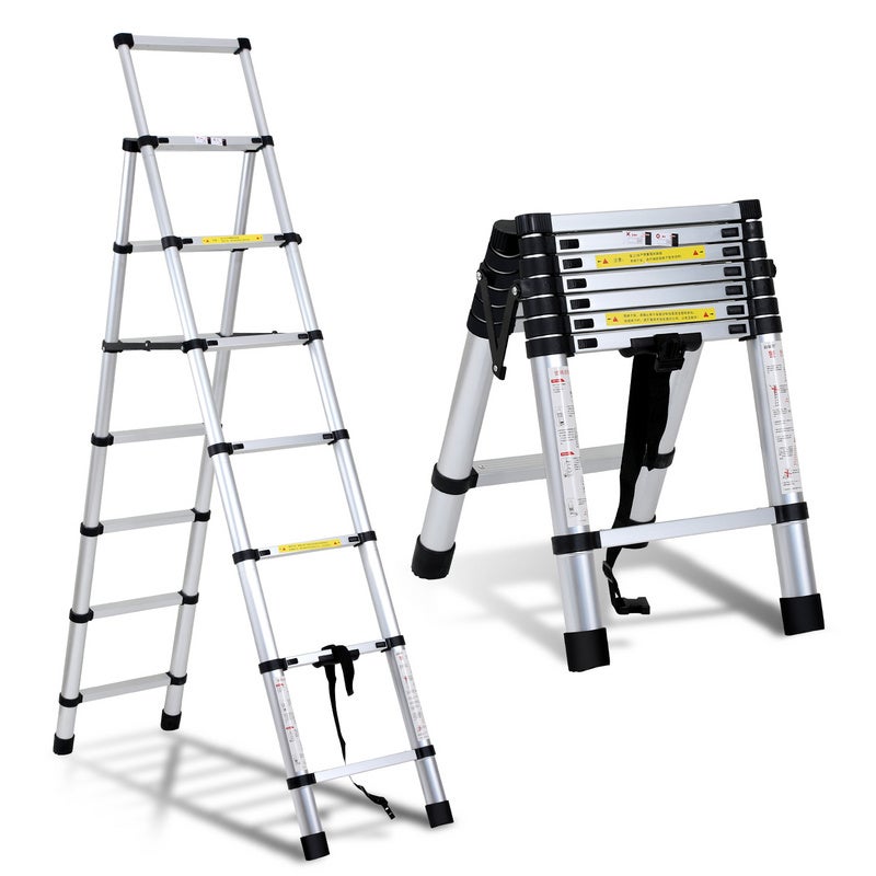 Escalera telescópica de 2,0 m + 2,3 m de aluminio plateado, escalera ...