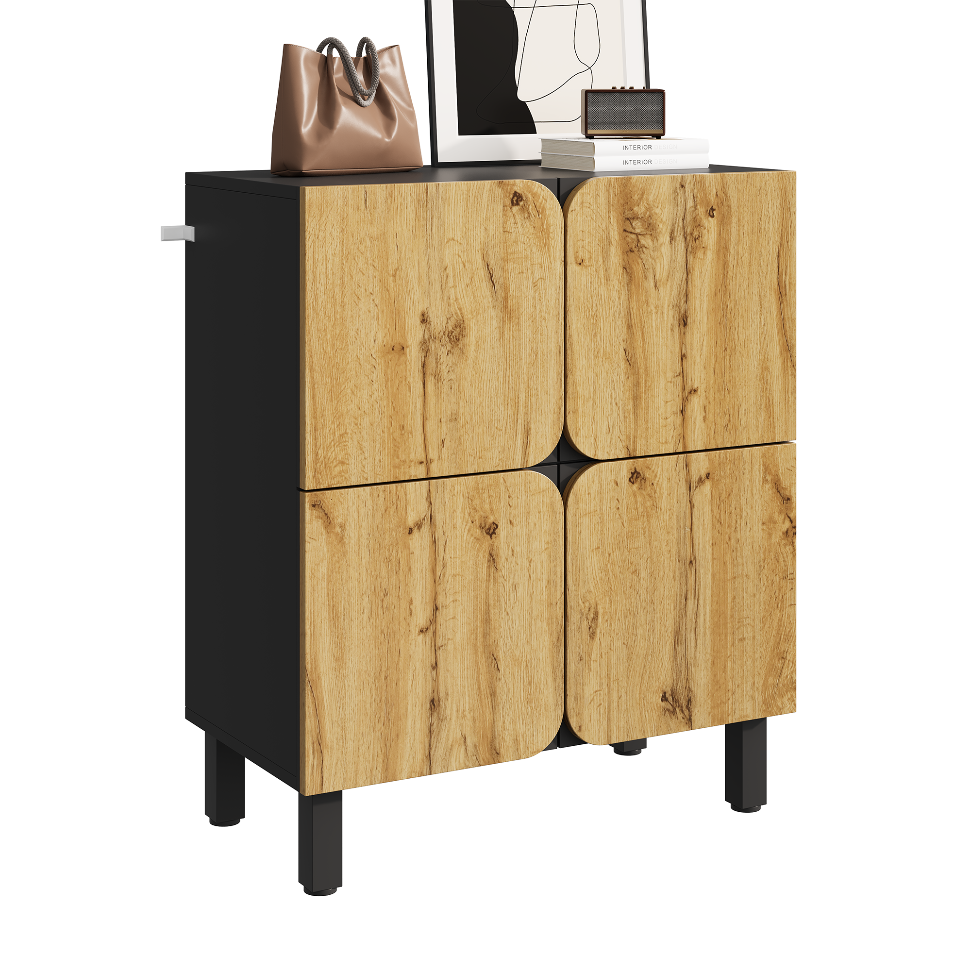 Este zapatero de diseño exclusivo cuenta con cuatro puertas, estantes ...