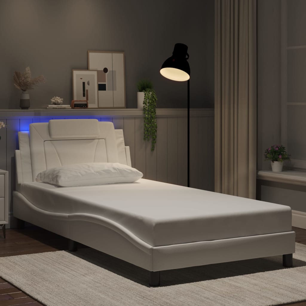 VidaXL Estructura cama con luces LED cuero sintético blanco 100x200 cm ...