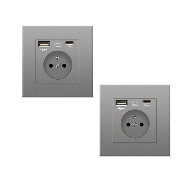 2 prise murale grise avec USB et Type C, prise de courant en verre, 5v ...