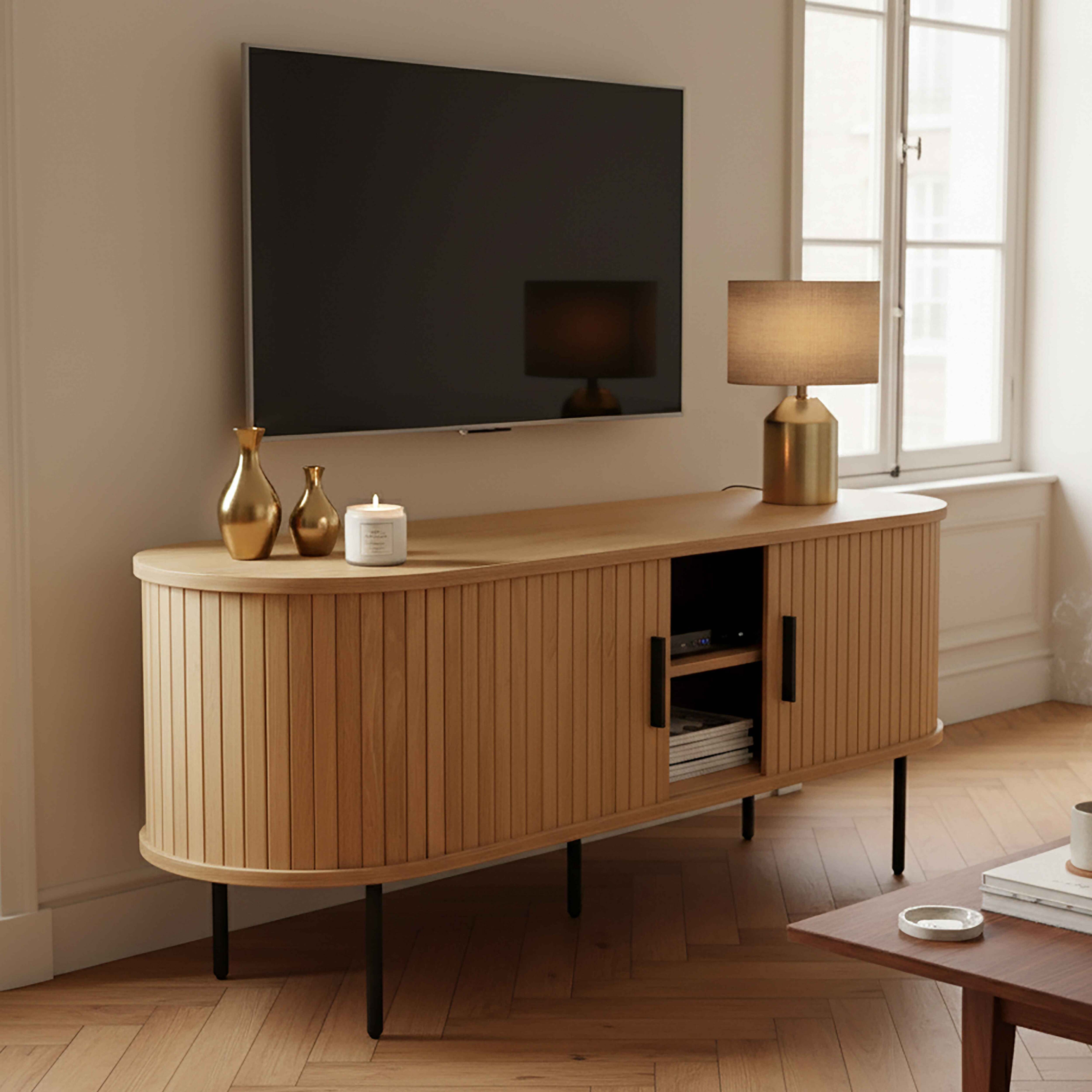 Meuble TV en mélaminé et acier 120 cm beige | Leroy Merlin