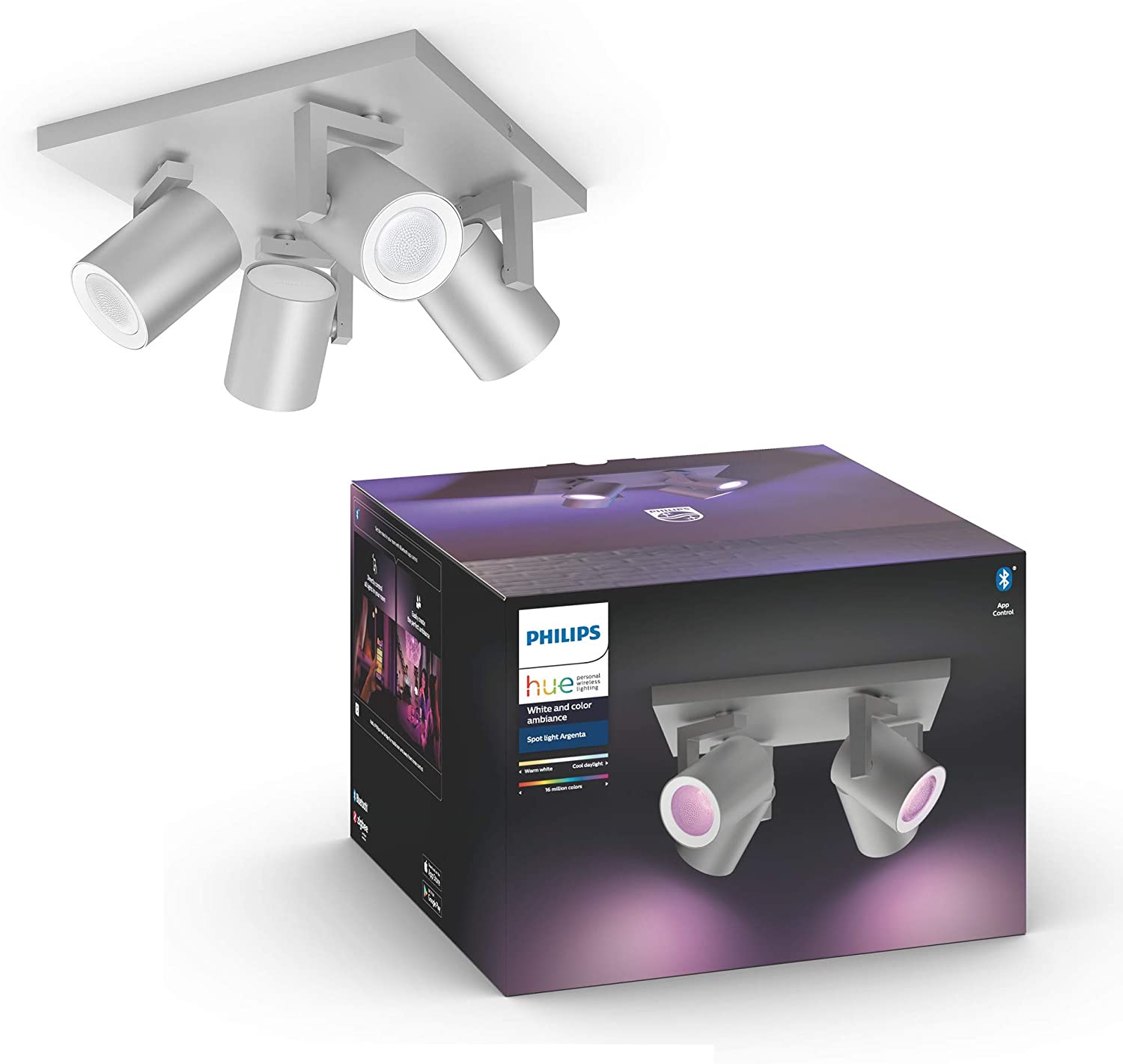 Philips Hue White & Color Ambiance Spot Argenta x4 carré Aluminium ...