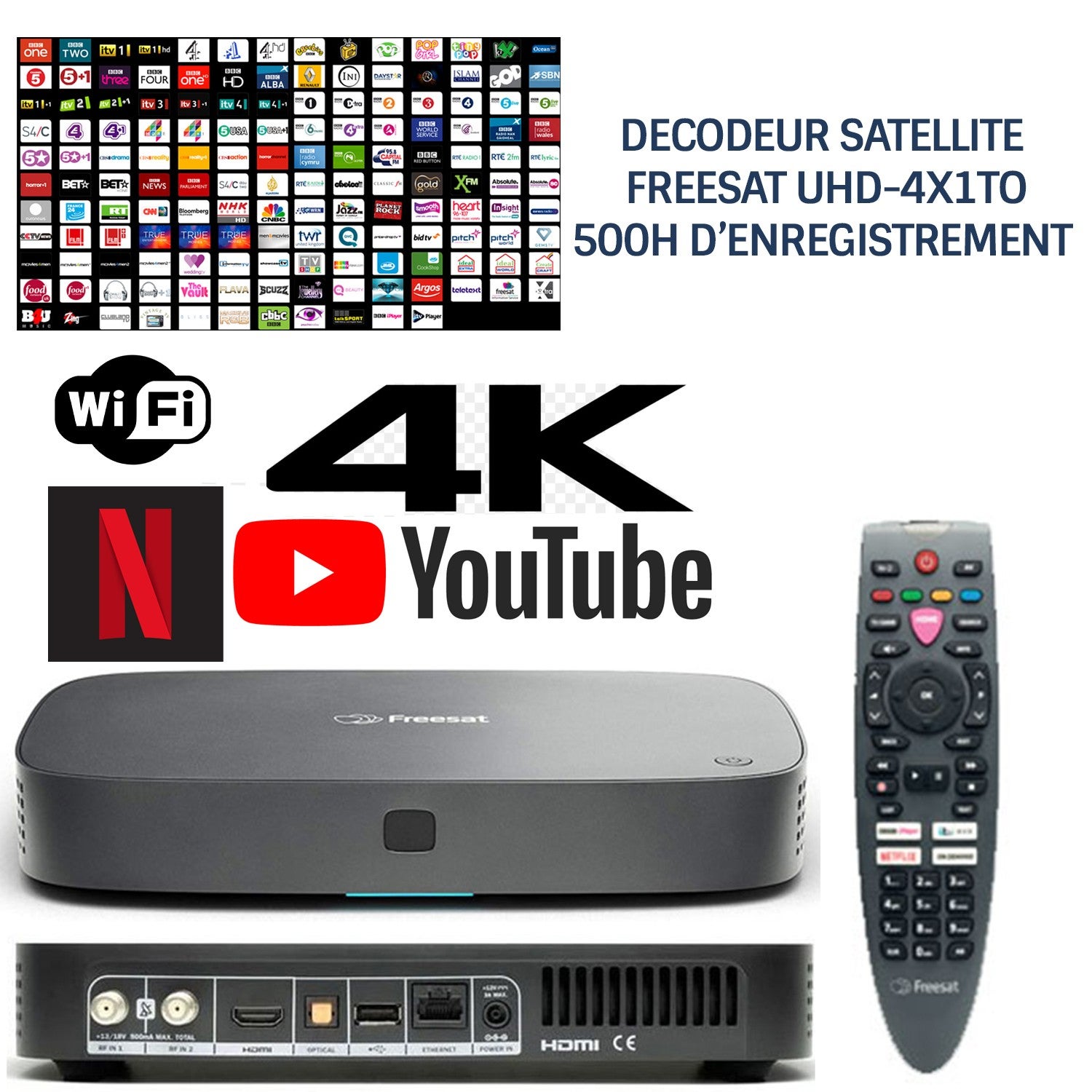 Décodeur satellite HD FREESAT UHD-4X1To, 200 chaînes sat anglaises, 13 chaînes anglaises HD ...