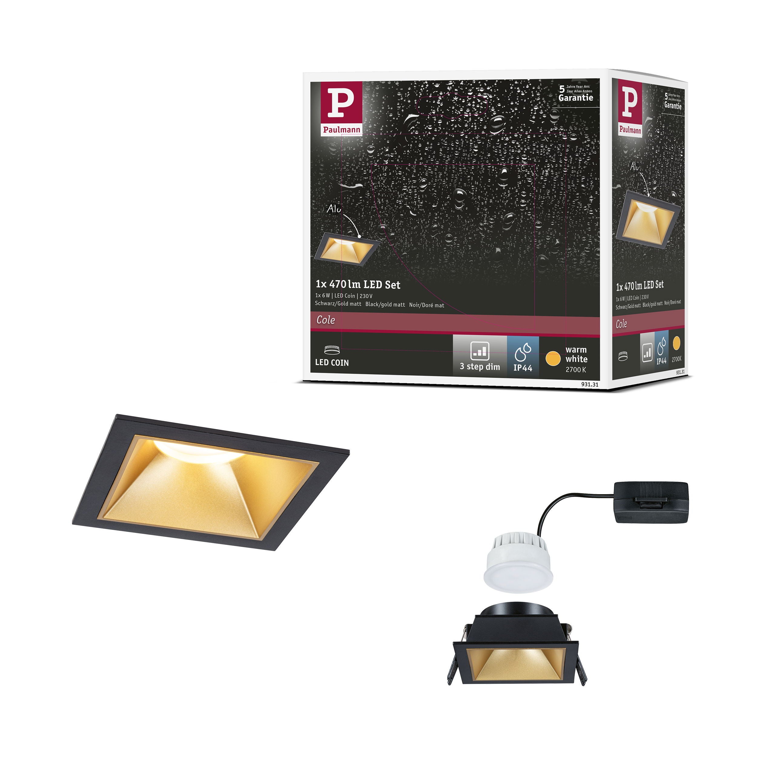 Spot encastré LED 3-Step-Dim Cole Coin Kit de 1 IP44 carré 88x88mm Coin ...